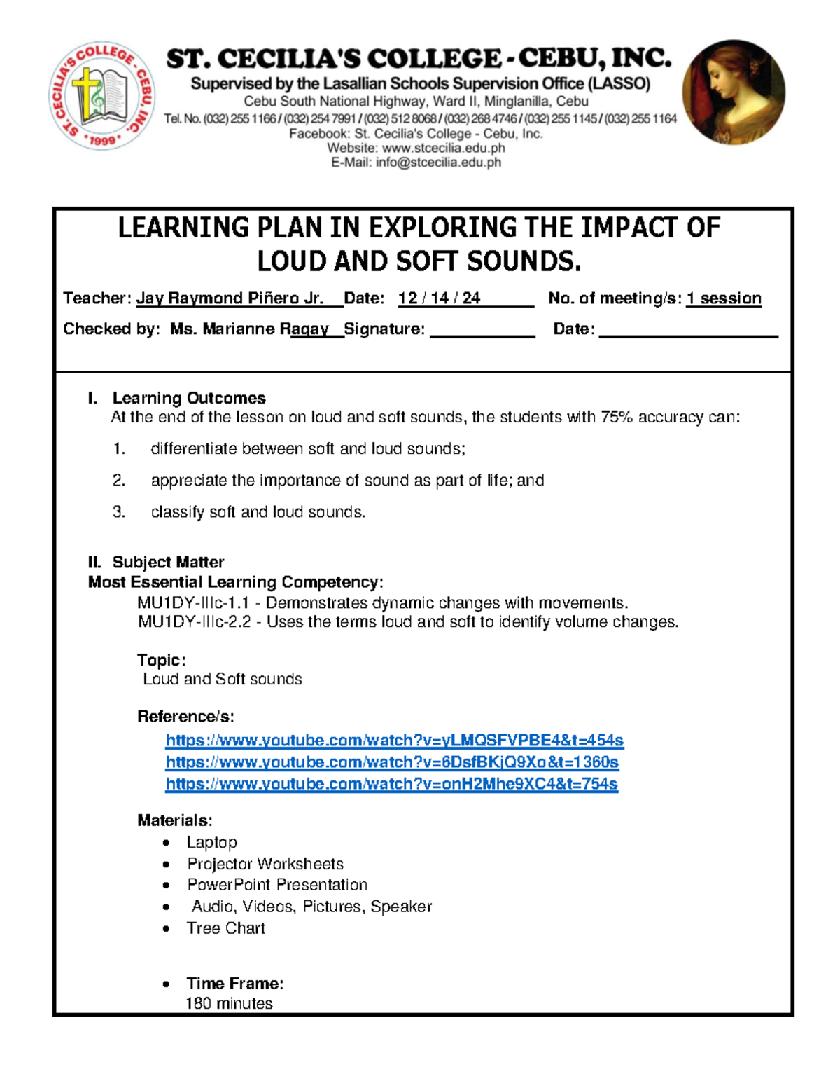 LEARNING PLAN: EXPLORING LOUD & SOFT SOUNDS (EDU 101) - Studocu