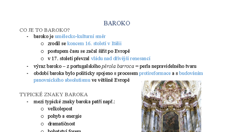BAROKO: Shrnutí Hlavních Rysů a Architektury - Studocu