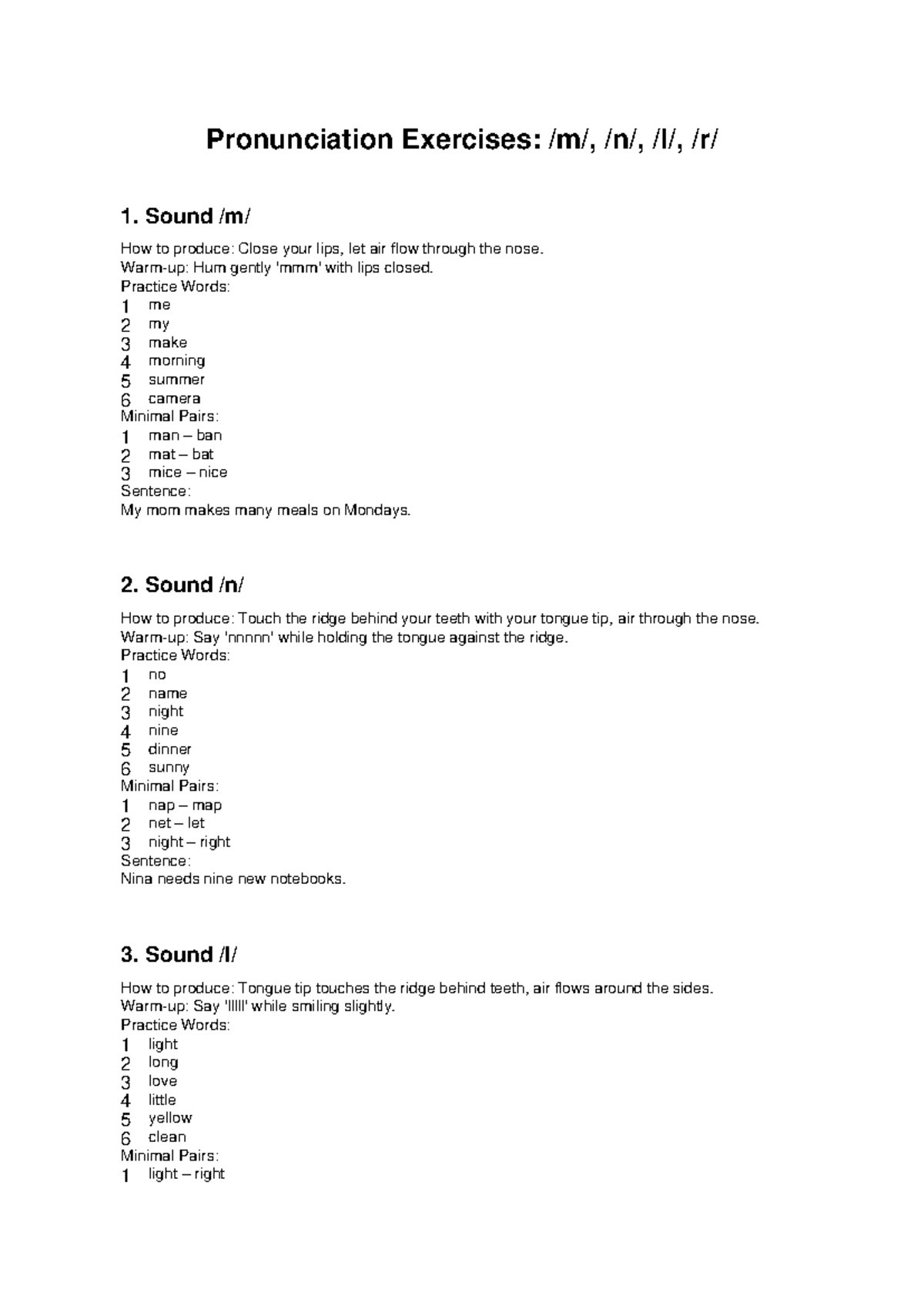 Pronunciation Exercises: Sounds m, n, l, r Techniques and Practice ...