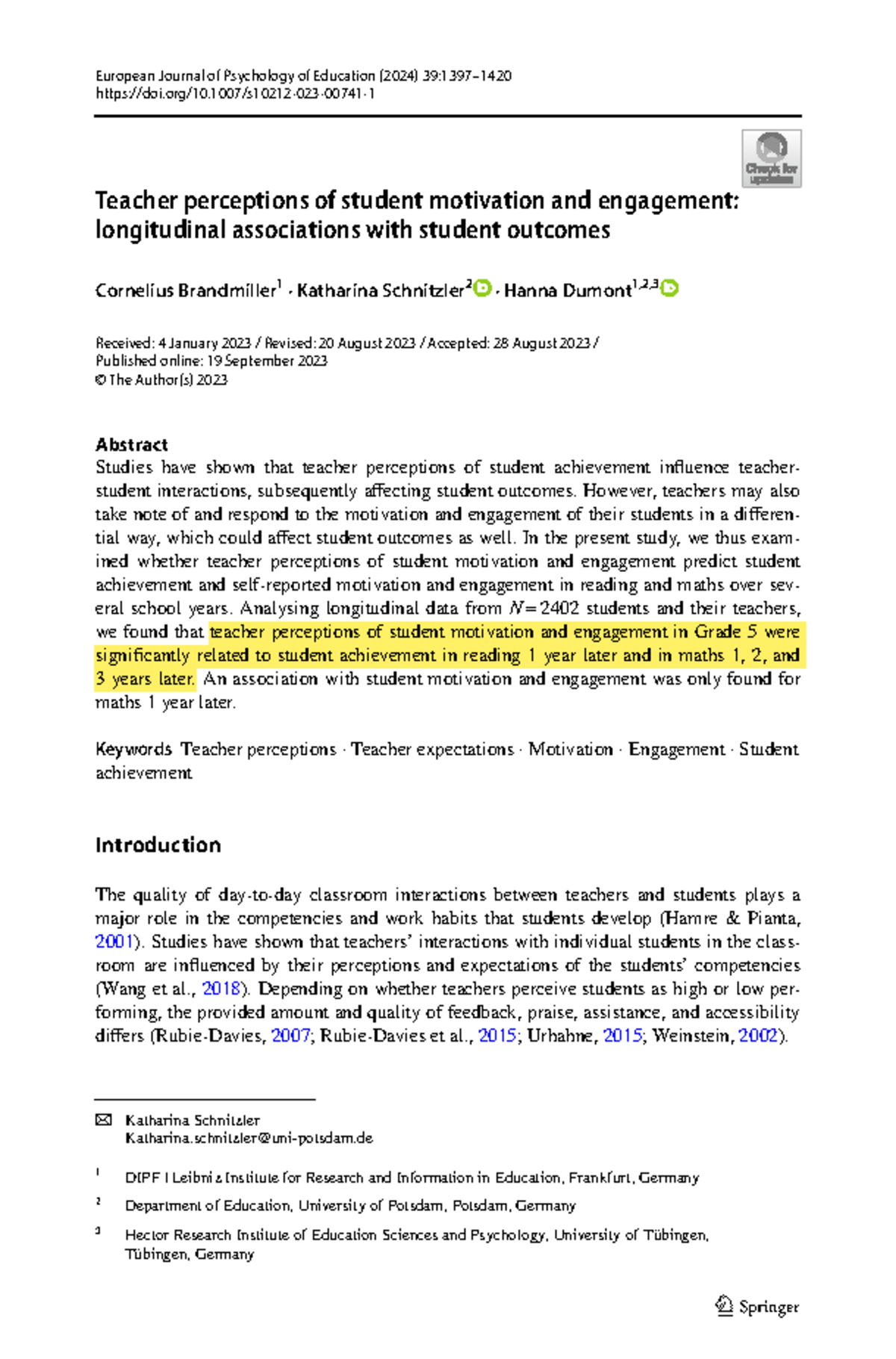 Teacher Perceptions of Student Motivation and Engagement: Longitudinal ...