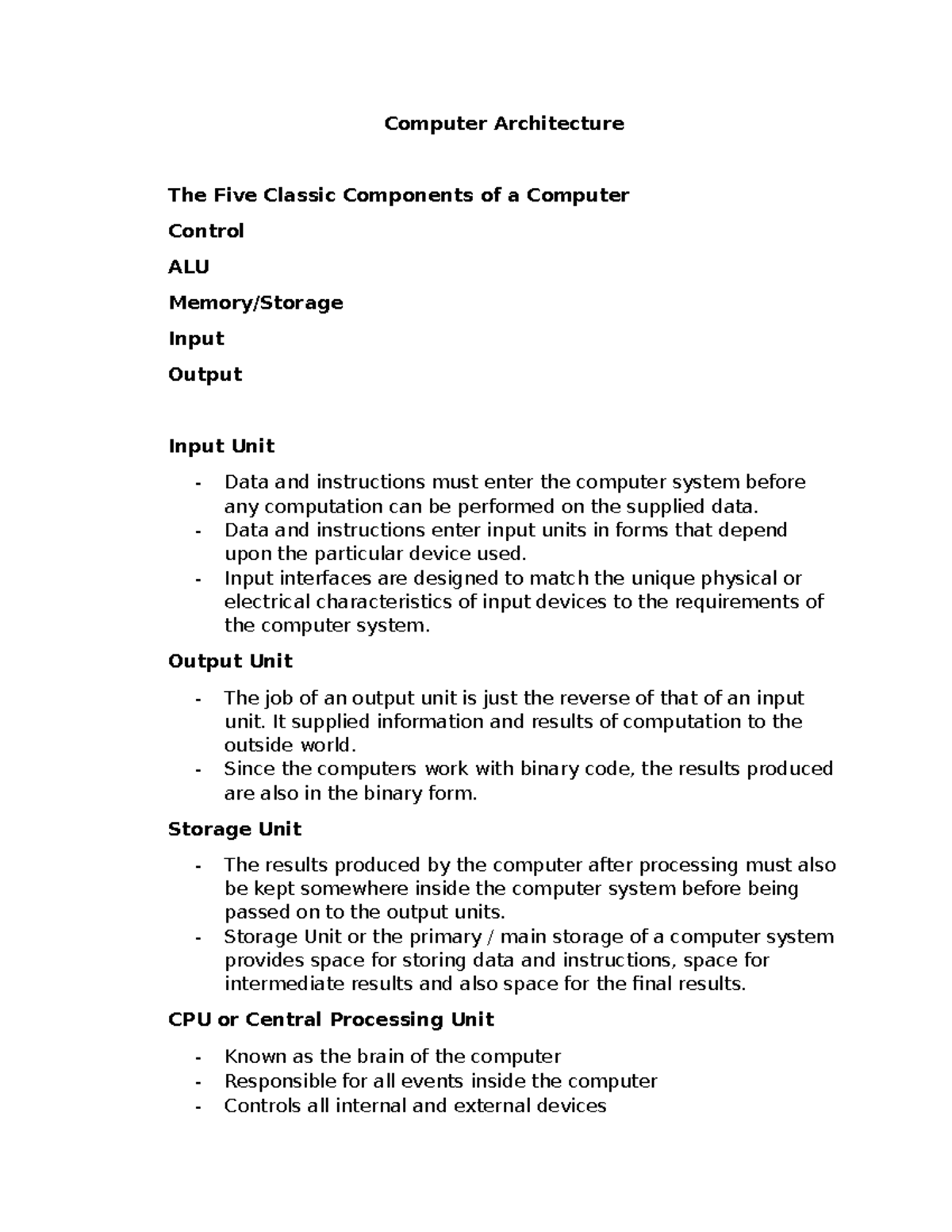What is Computer Architecture - Computer Architecture The Five Classic Components of a Computer ...