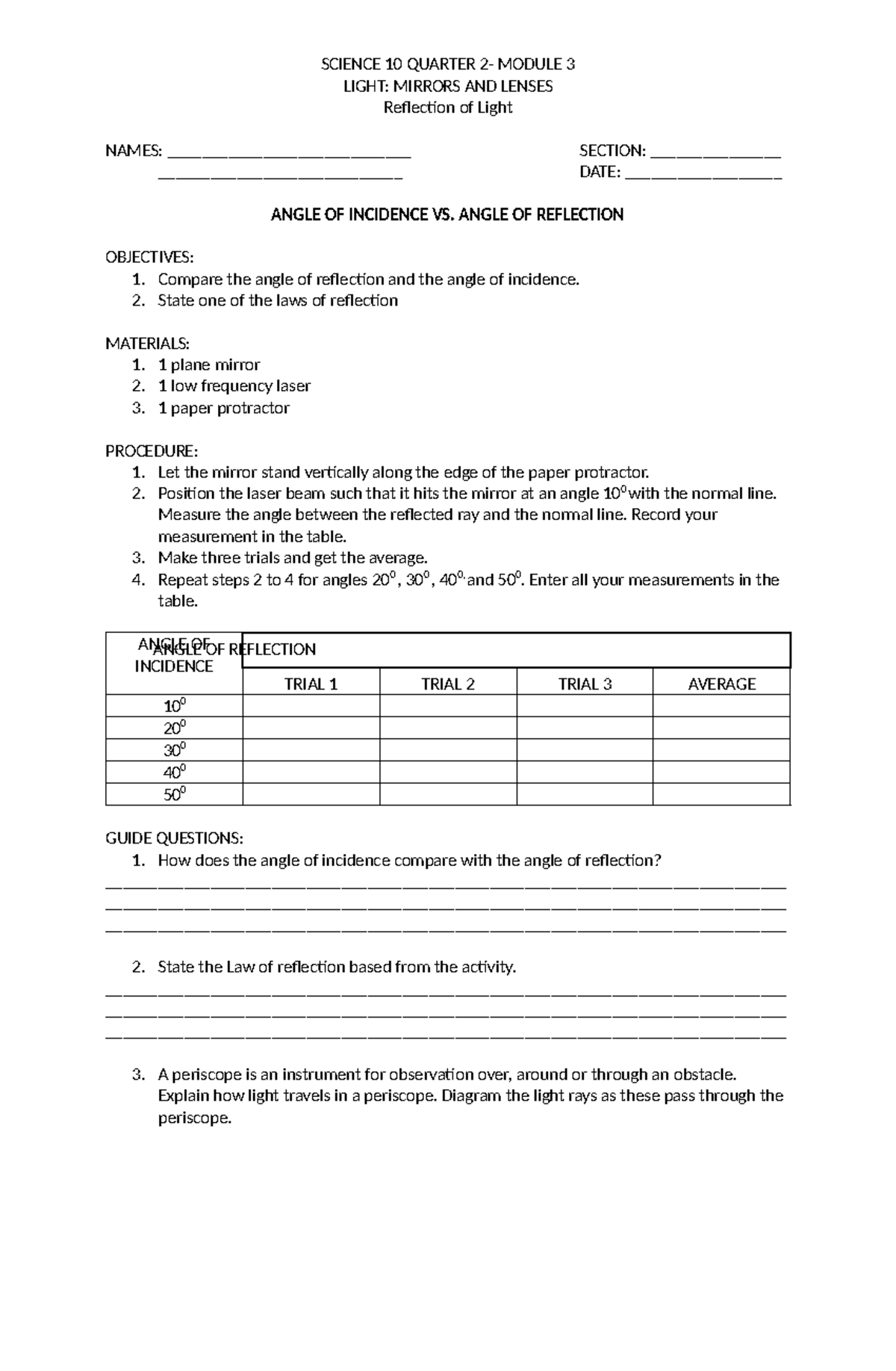SCIENCE 10 MODULE 3: LIGHT - MIRRORS & LENSES Experiment on Reflection - Studocu