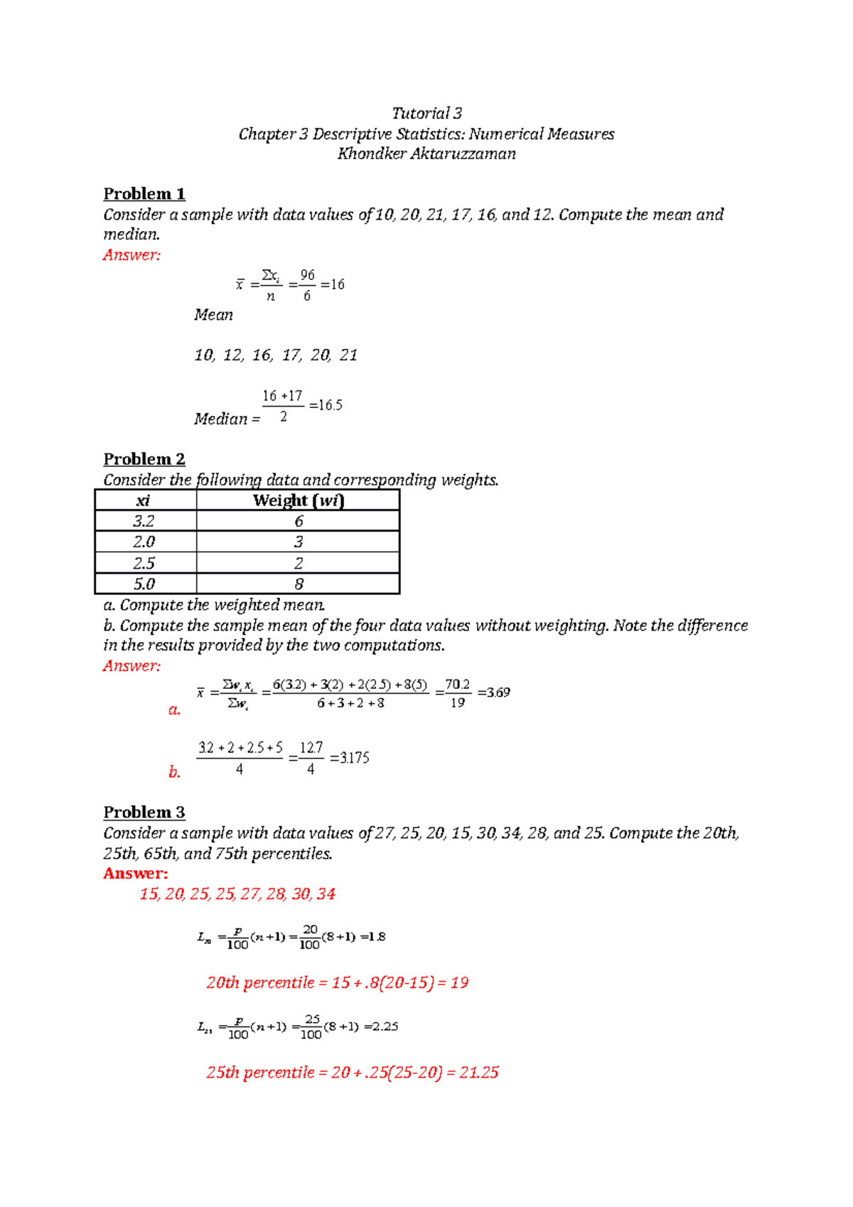 Tutorial 3 Solution - 123 - Tutorial 3 Chapter 3 Descriptive Statistics: Numerical Measures ...