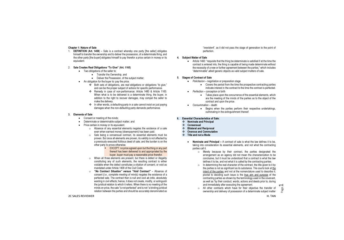 Sales Law Overview: Key Concepts and Obligations (2C SALES REVIEWER ...