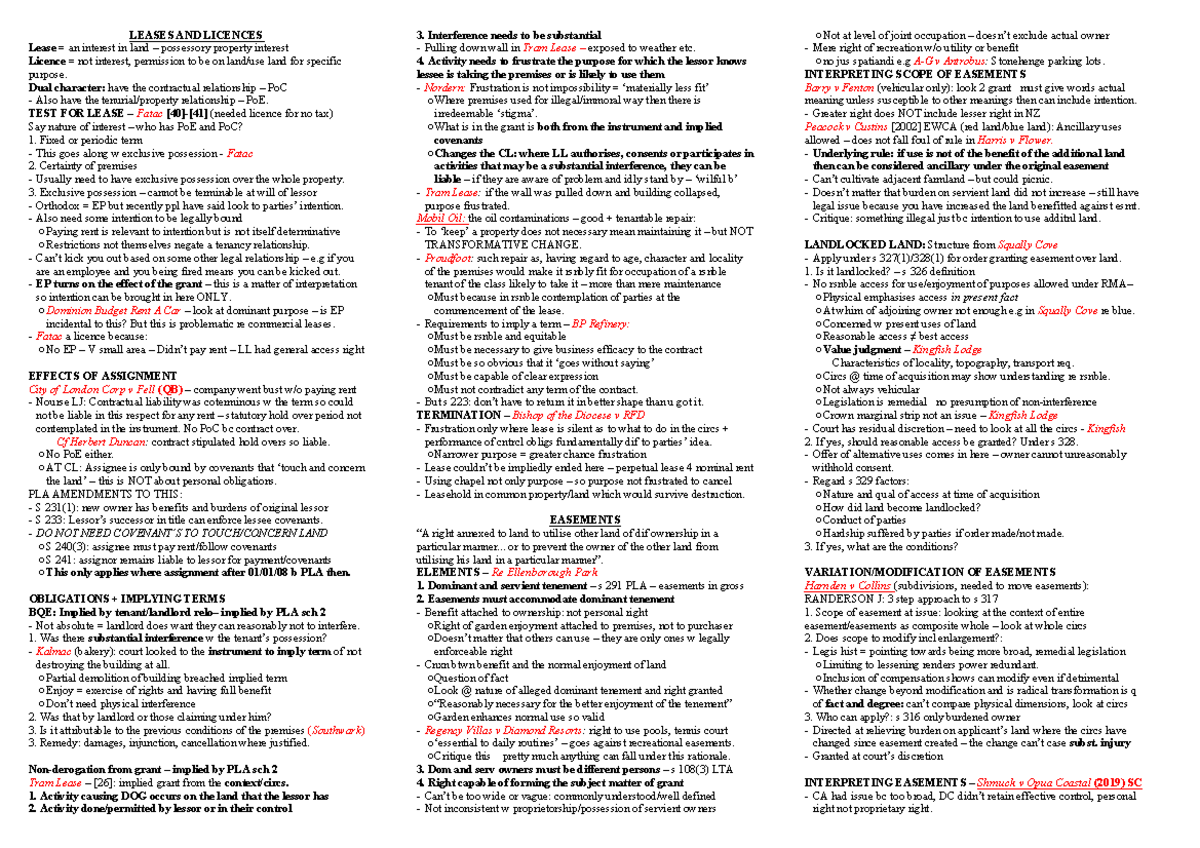 Property Law Exam Cheat Sheet 2021: Key Concepts and Cases - Studocu