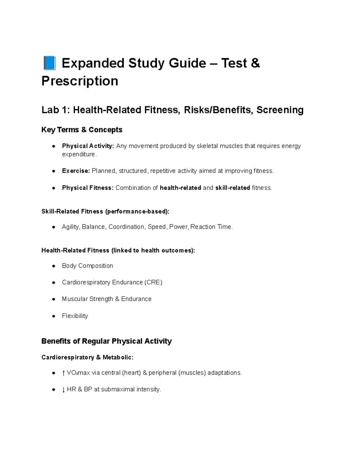 Expanded Study Guide: Health-Related Fitness & Exercise Prescription ...