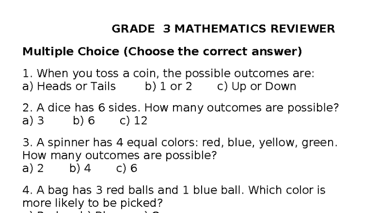 Grade 3 Math Reviewer: Multiple Choice & Graphing Exercises - Studocu