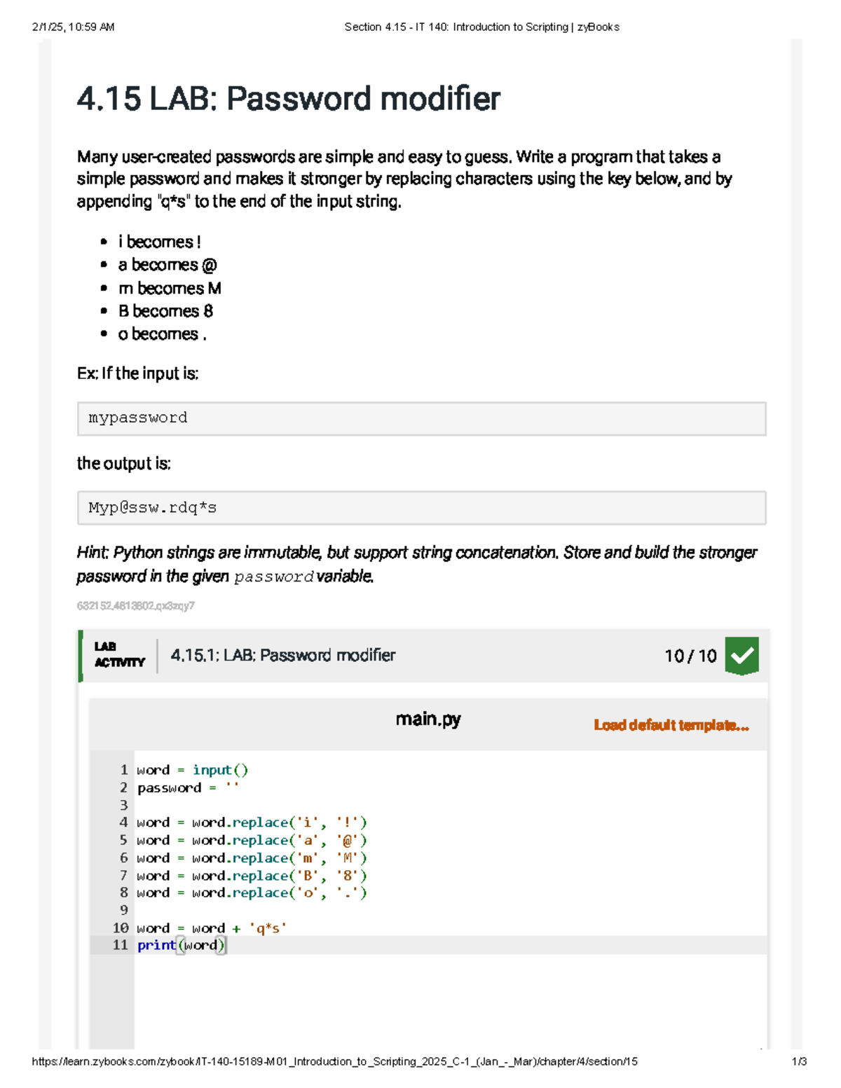 Lab Activity 4.15 - IT 140: Password Modifier Python Program - Studocu