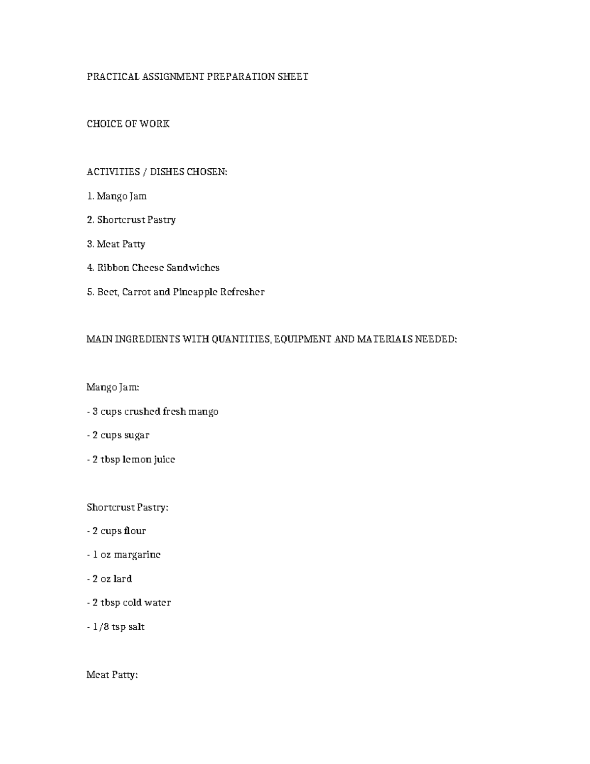 Practical Assignment Prep: Work Activities & Dishes (Culinary) - Studocu