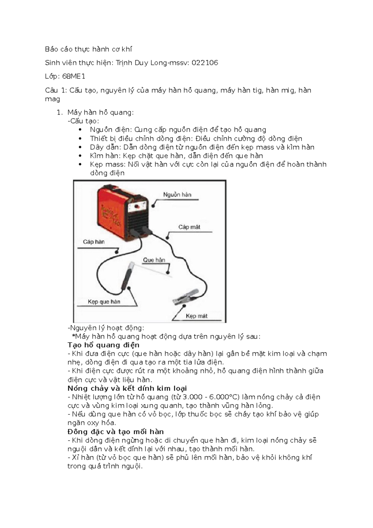 Báo cáo Thực Hành Cơ Khí: Máy Hàn Hồ Quang, TIG, MIG, MAG 68ME1 - Studocu