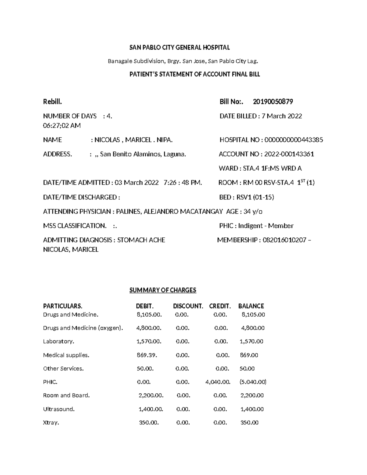San Pablo City General Hospital Patient's Statement of Account Bill ...