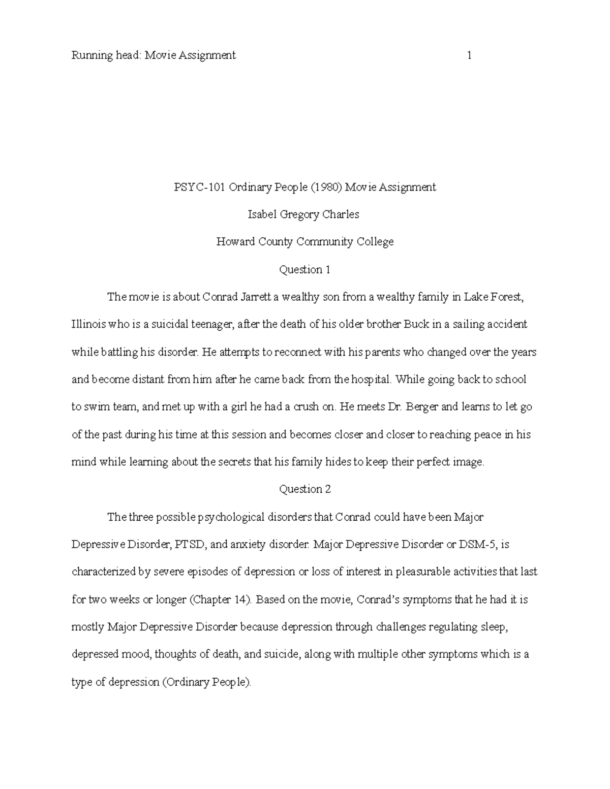 PSYC-101 Film Assignment: Analyzing Ordinary People (1980) - Studocu