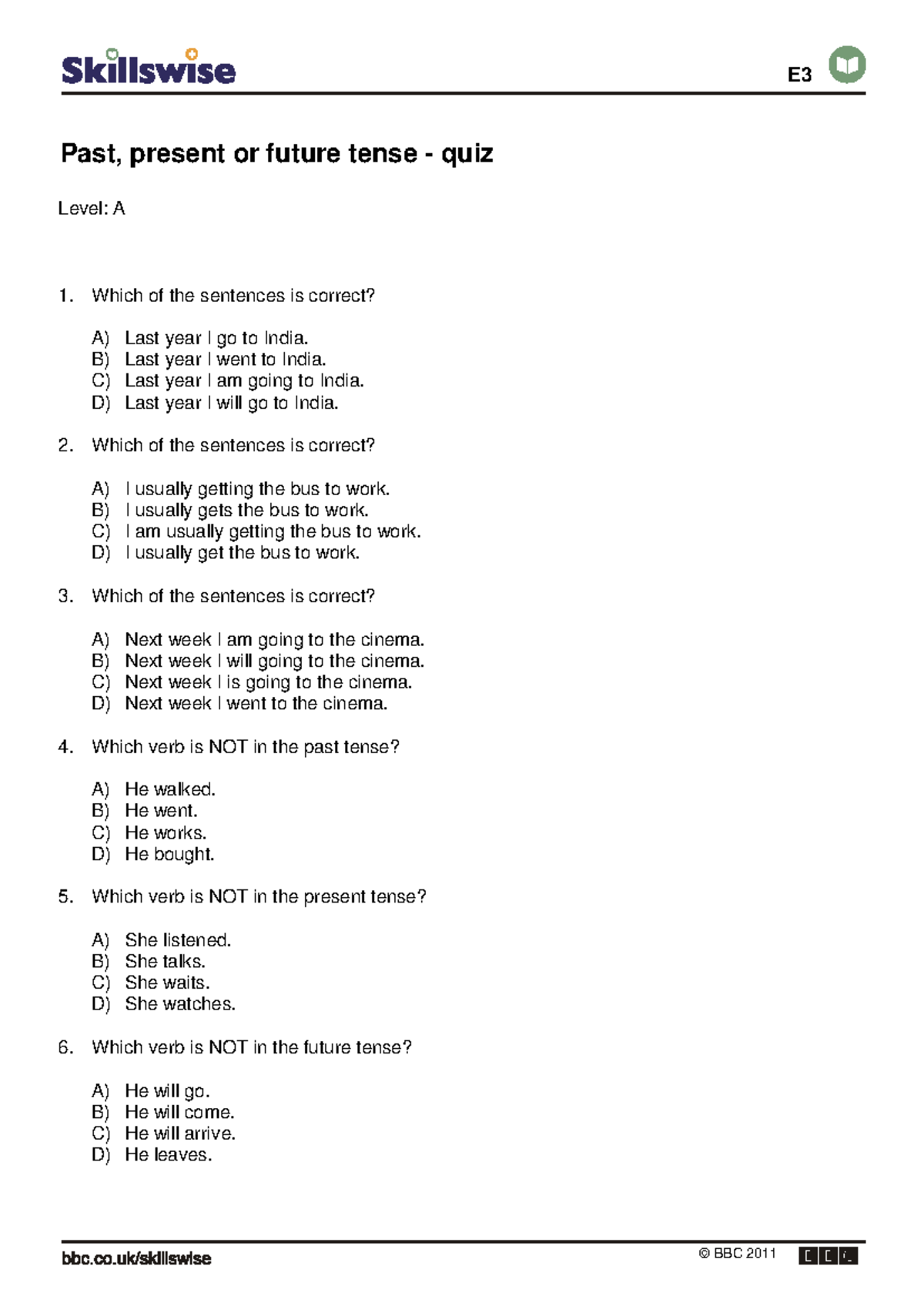 Tenses english quiz - Past, present or future tense - quiz Level: A ...
