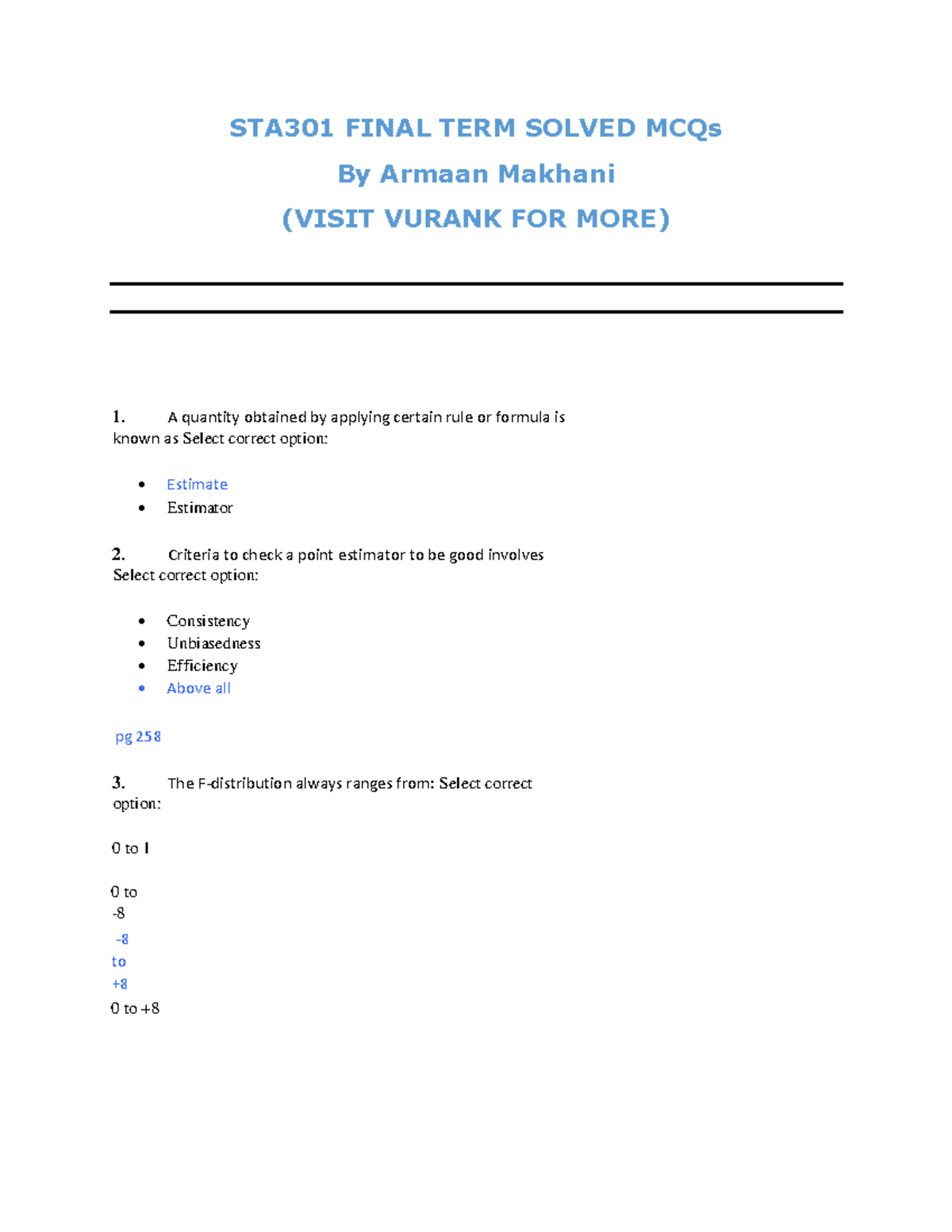 STA301 Final Term Solved MCQs Compilation by Armaan Makhani - Studocu