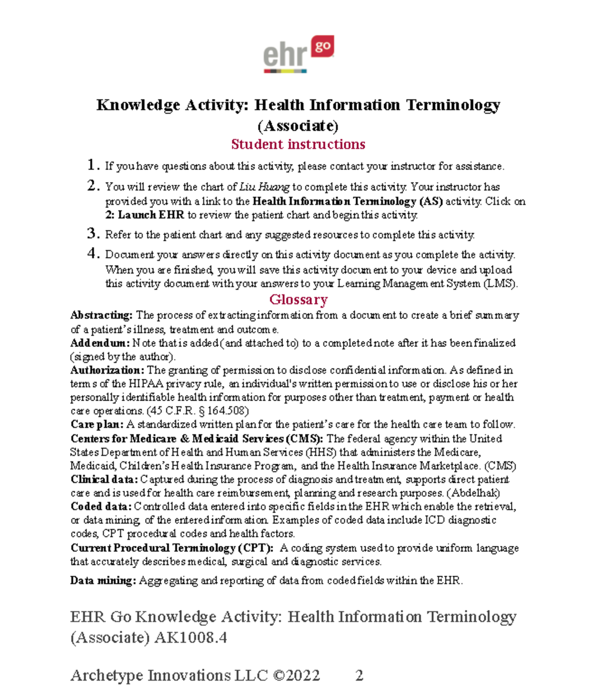EHR Go 2: Activity on Health Info Terminology (Associate AK1008) - Studocu