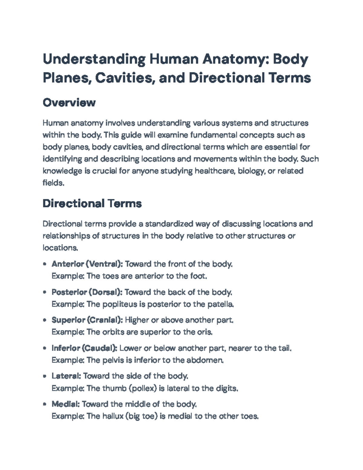 Anatomy 101: Body Planes, Cavities & Directional Terms Guide - Studocu