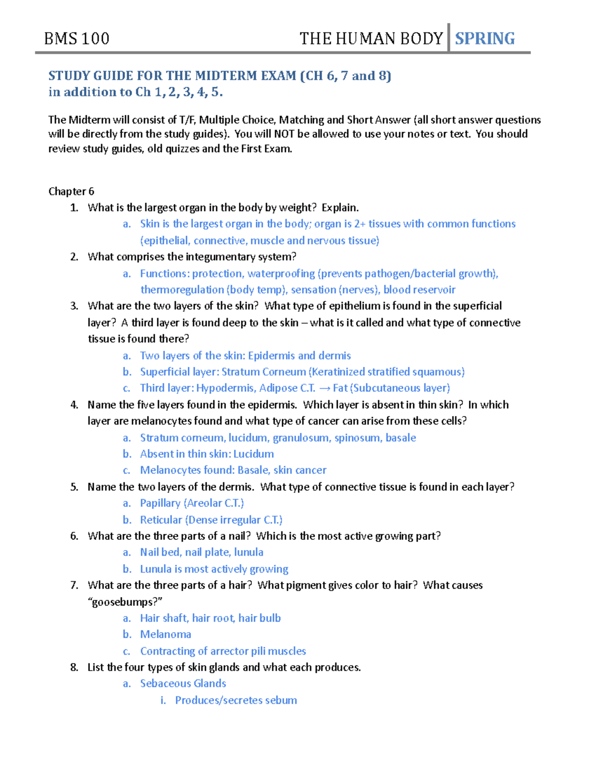 BMS 100 Midterm Study Guide: The Human Body - Studocu