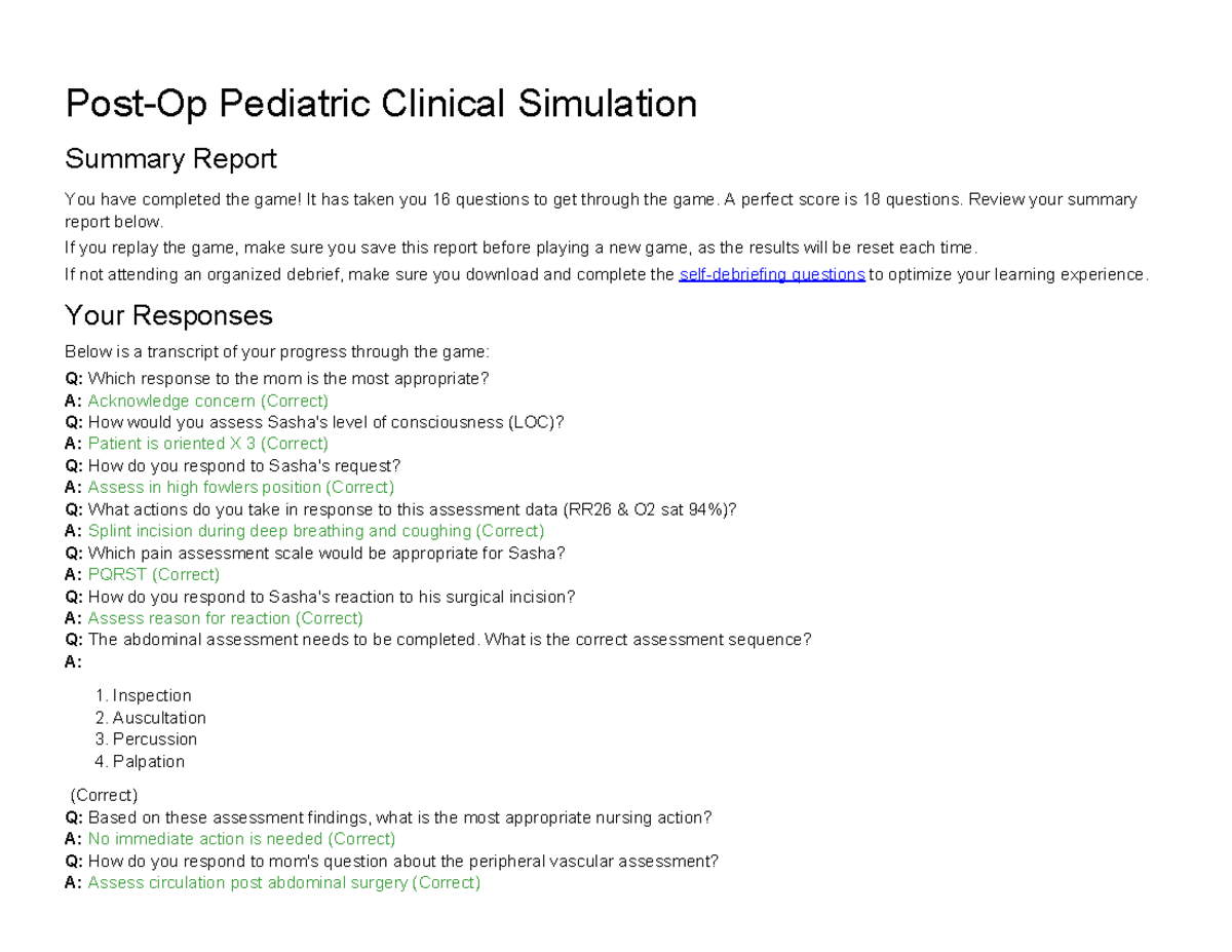 PEDS 101: Post-Op Pediatric Clinical Simulation Summary Report - Studocu
