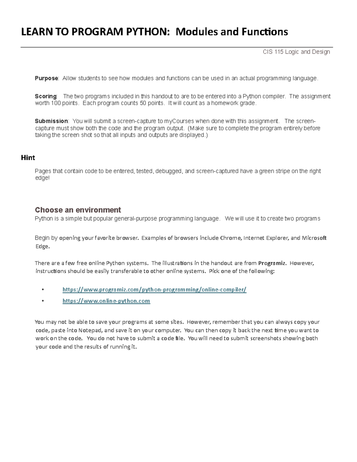 CIS 115 Python Functions & Modules Assignment Instructions 2024FA - Studocu