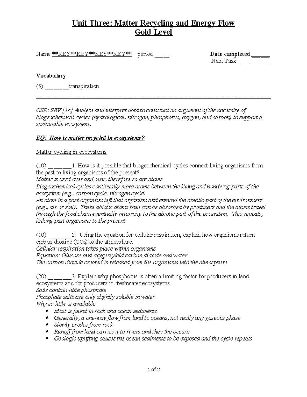 GSE SEV [1c][1b] Matter Recycling & Energy Flow Exam Notes - Studocu
