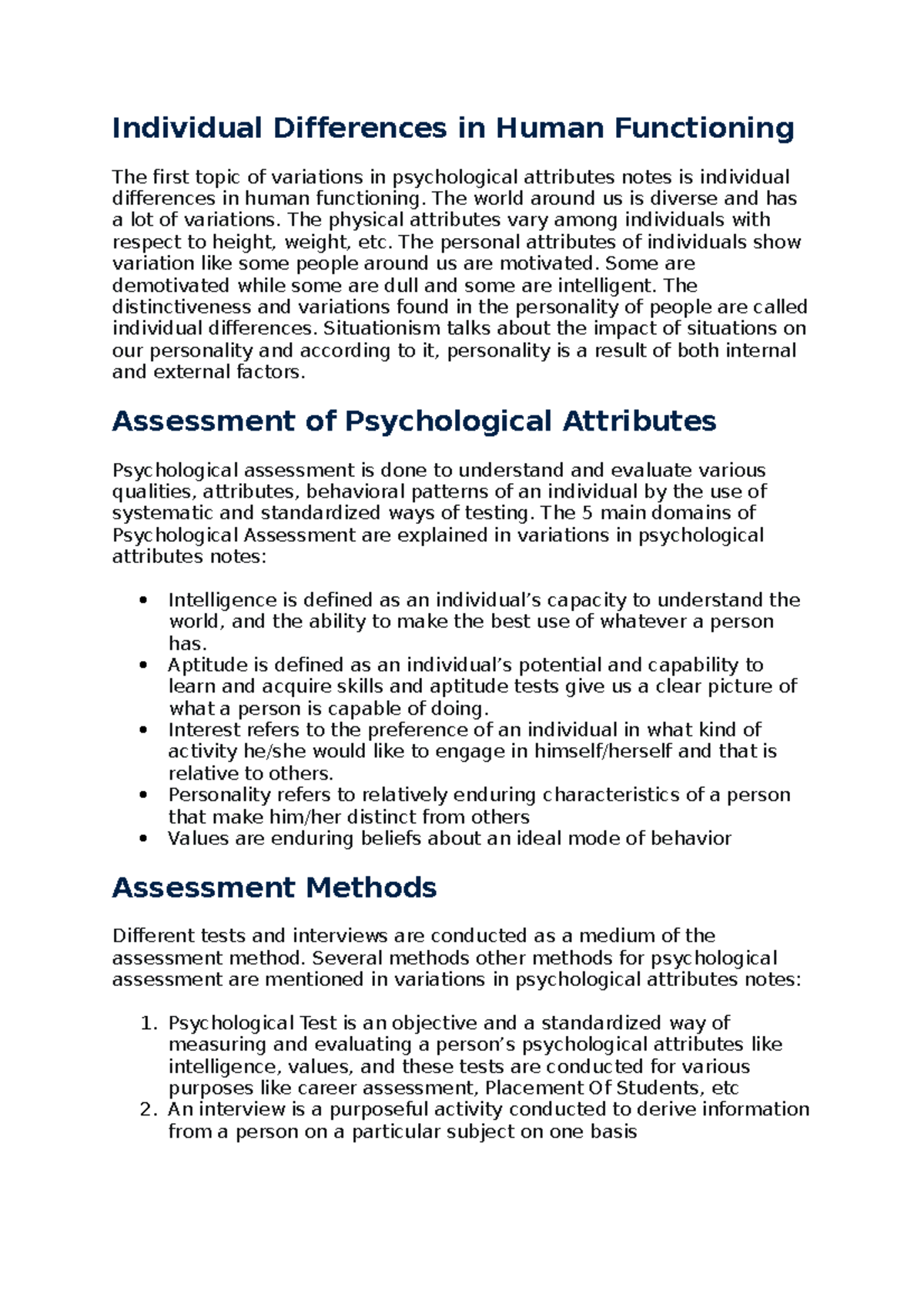 Psychology Of Individual Differences Notes