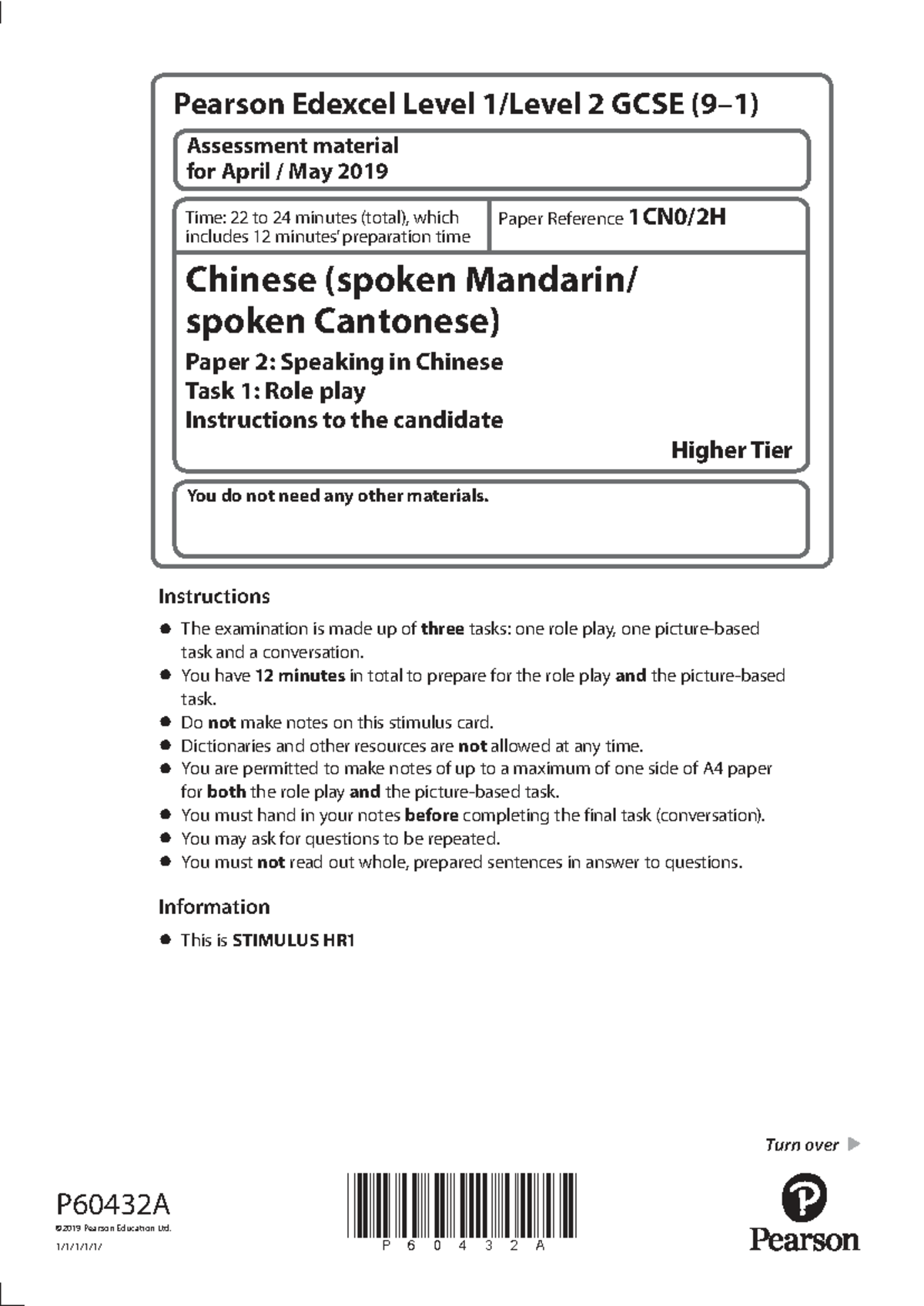 Pearson Edexcel Level 2 GCSE Chinese (Cantonese) Speaking Role Play ...