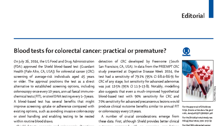 Blood Tests for Colorectal Cancer: Shield Test Analysis (2024) - Studocu