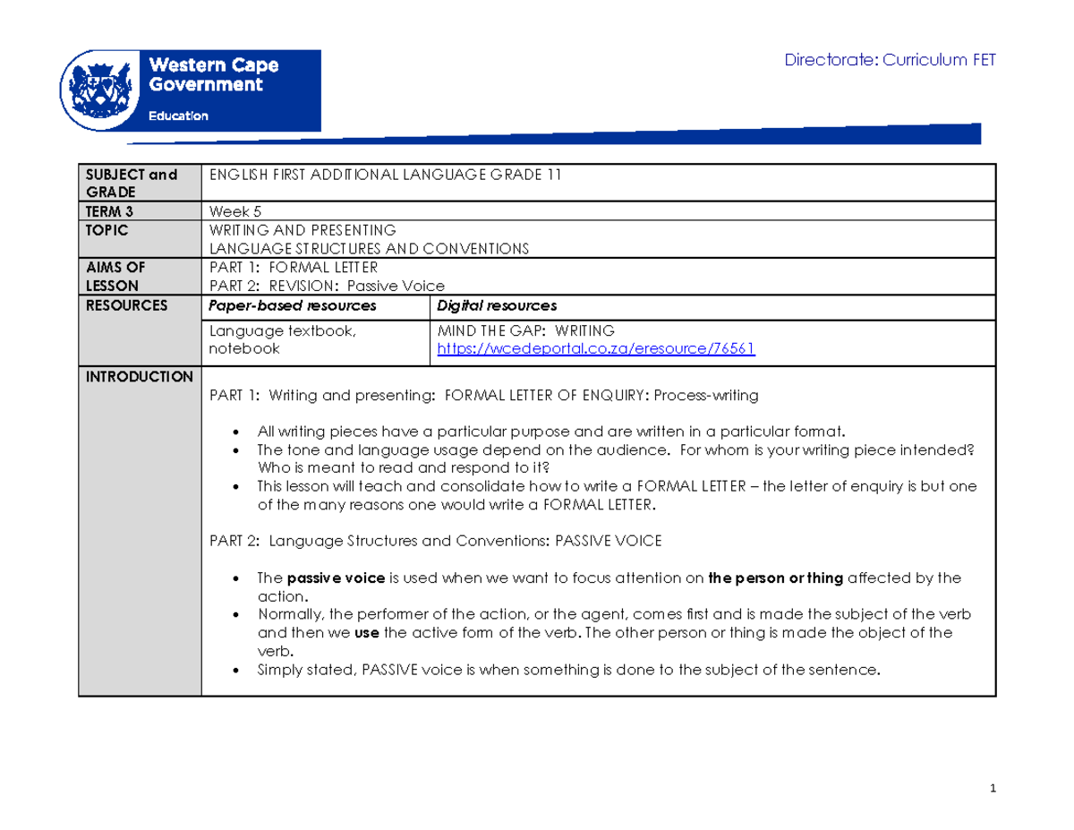 English FAL Grade 11 Term 3 Week 5: Formal Letter & Passive Voice Guide ...