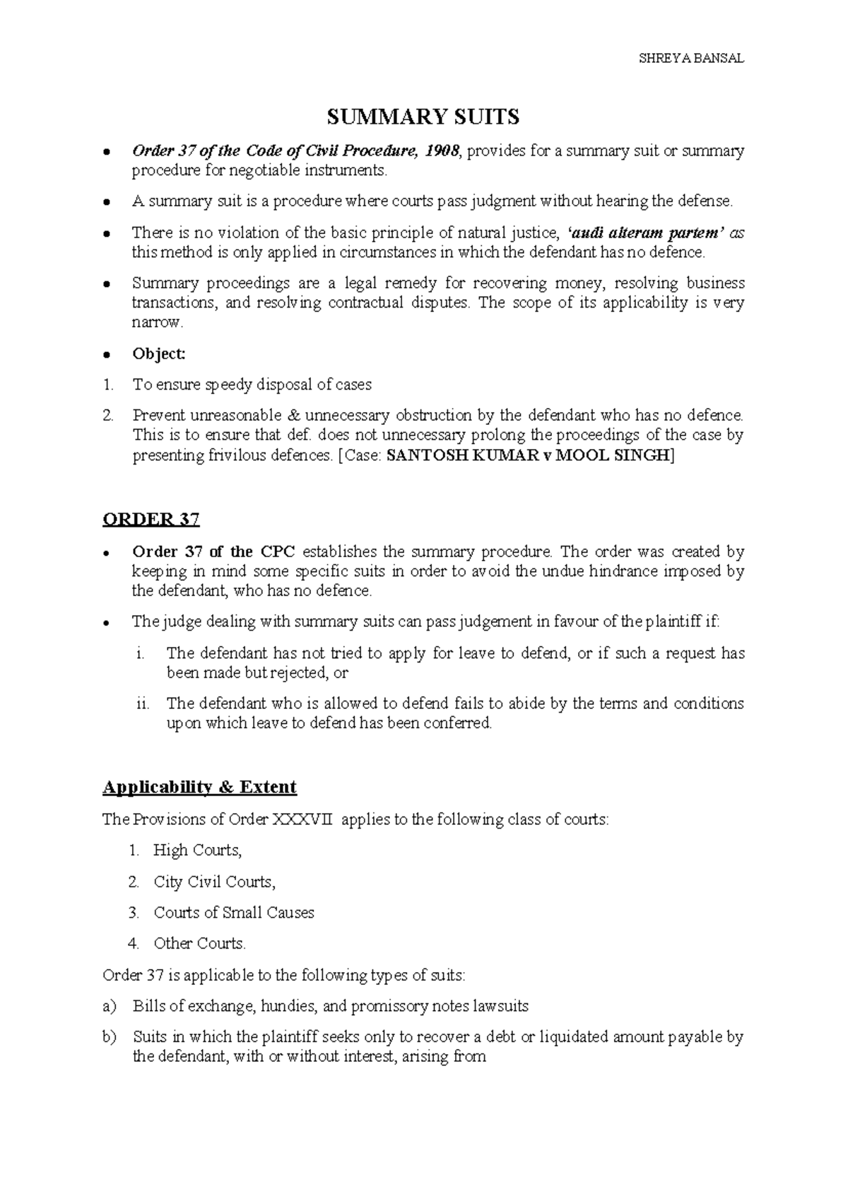 Summary Suits Under Order 37 of CPC: Key Concepts & Procedures - Studocu
