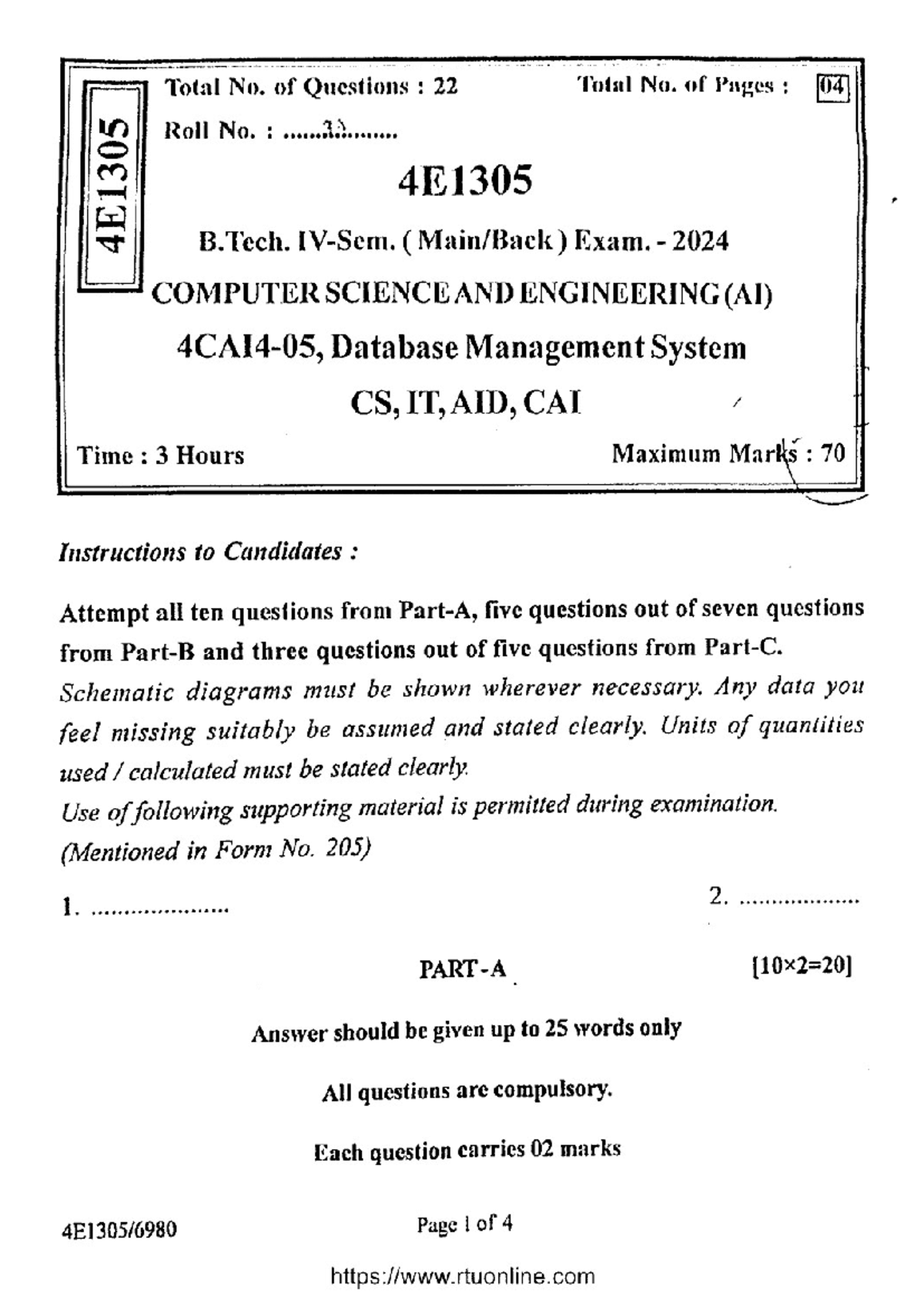 DBMS 2024 - B.Tech. Computer Science & Engineering Exam Paper - Studocu
