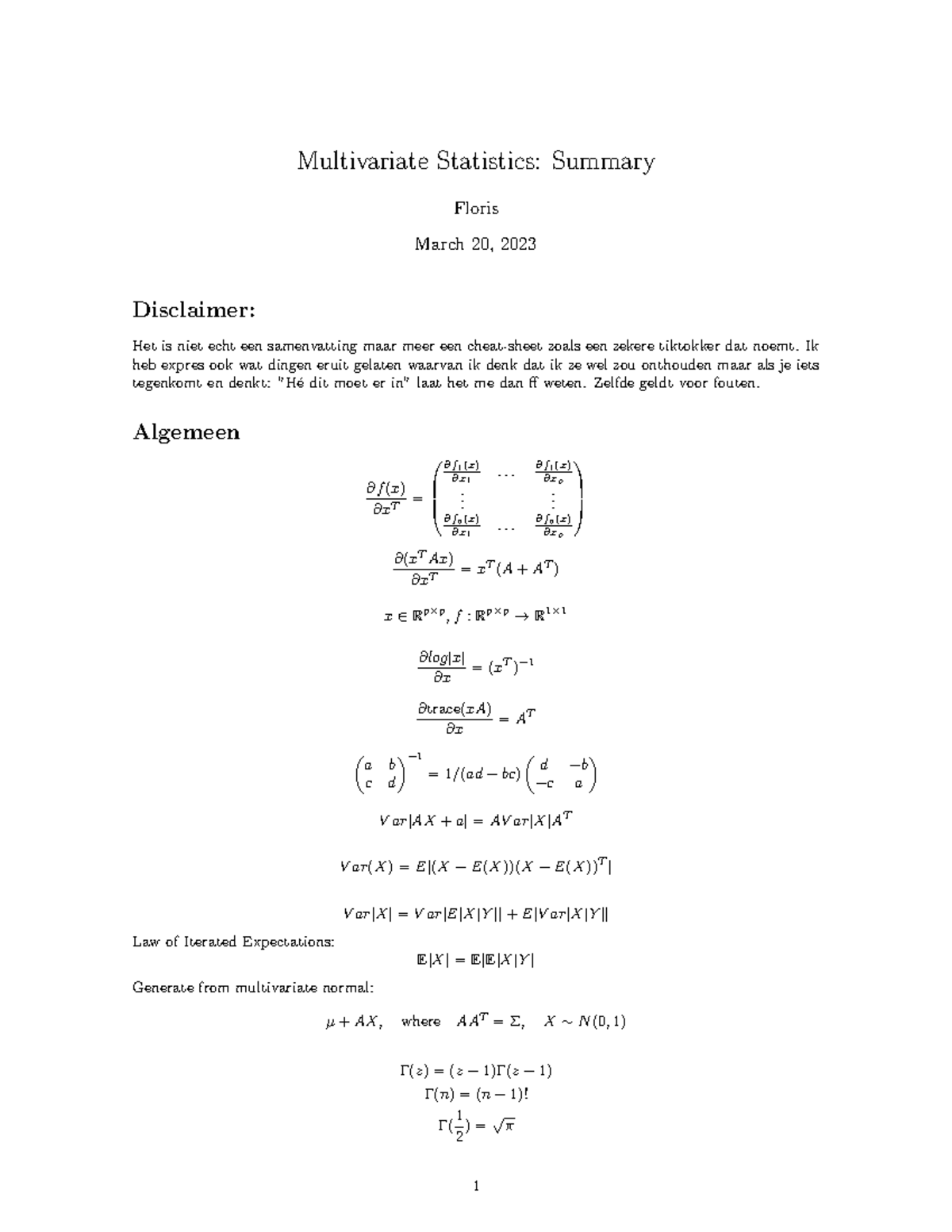 Summary of Multivariate Statistics (Course Code: STA123) - Studeersnel