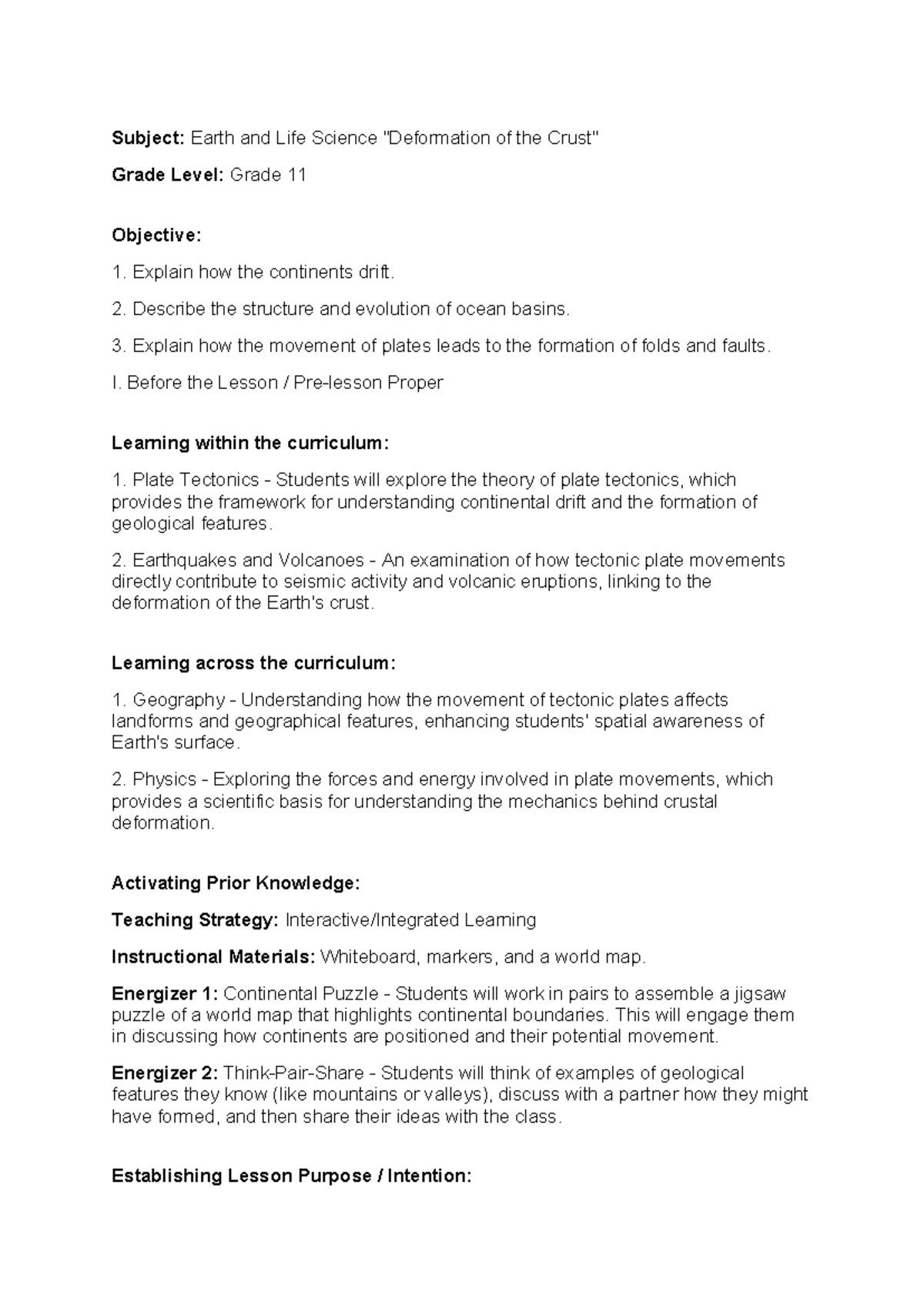 Lesson Plan: Earth & Life Science (Grade 11) - Crust Deformation ...