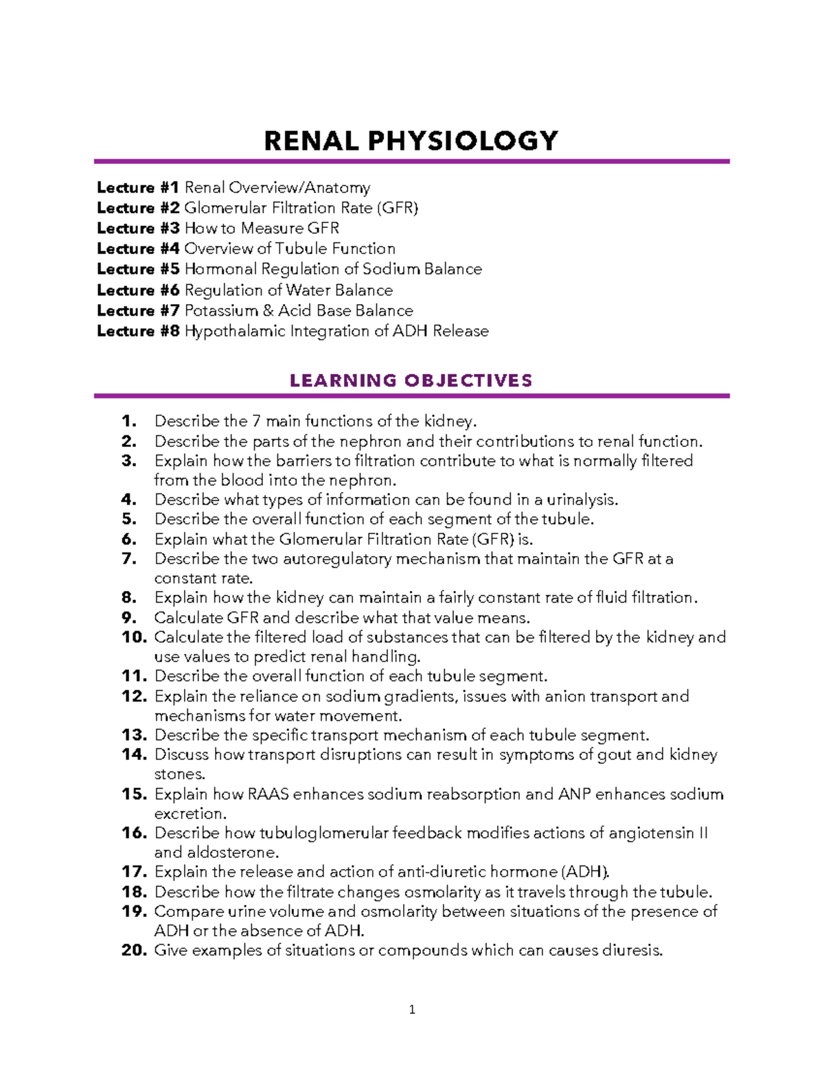 Renal Resource 2024 2025 3120 - RENAL PHYSIOLOGY Lecture #1 Renal ...