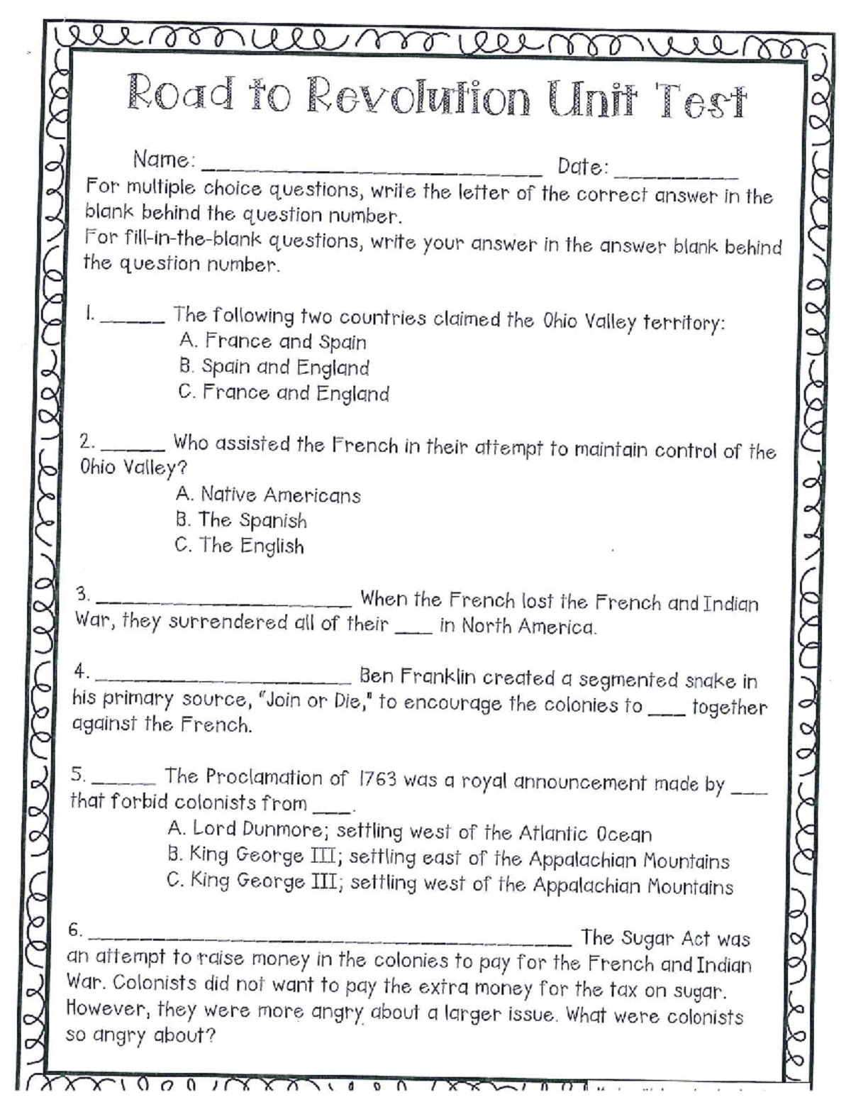 Road to Revolution Unit Test (HIST 101) - Answer Key - Studocu