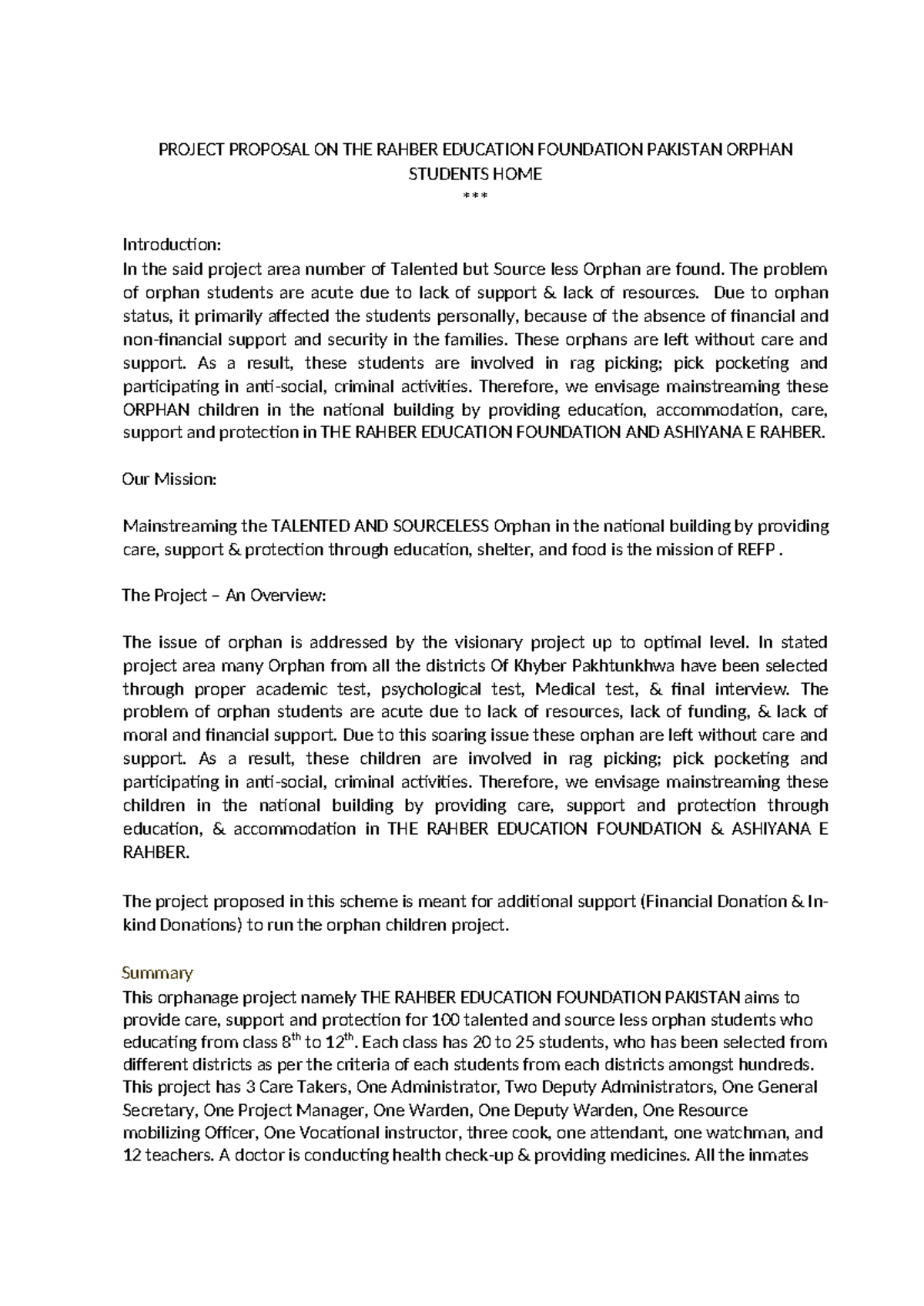Project Proposal for Supporting Orphans at Rahber Education Foundation ...