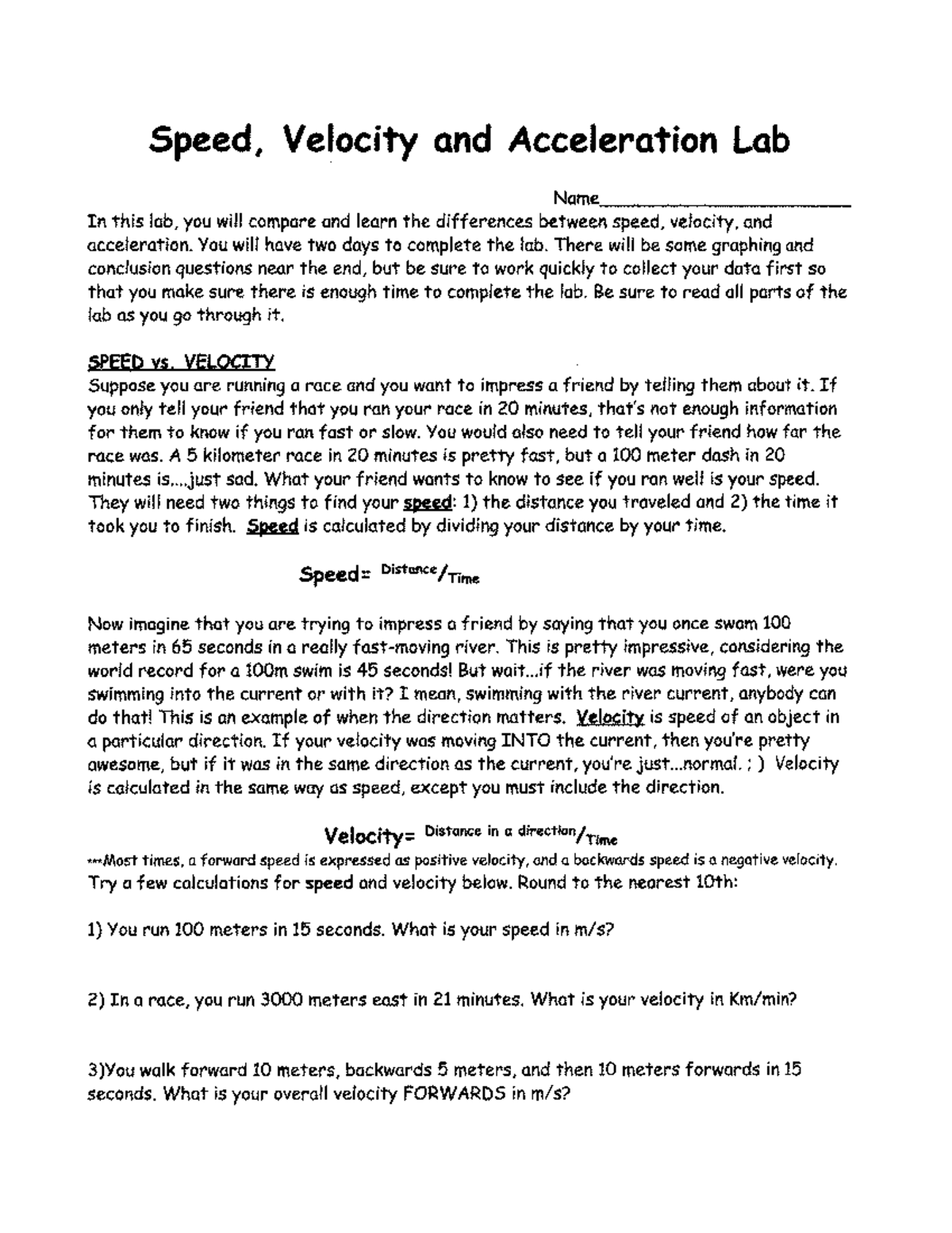 3+Speed,+Velocity+and+Acceleration+Lab - Speed, Velocity and ...