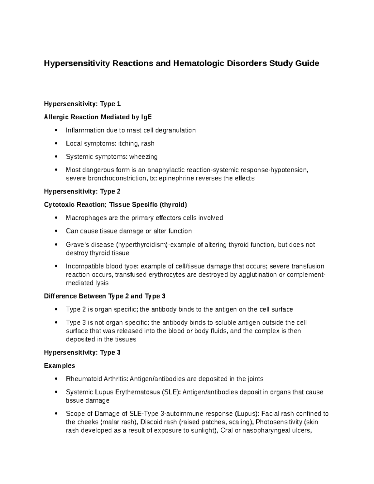NR507 Study Guide: Hypersensitivity Reactions & Hematologic Disorders - Studocu