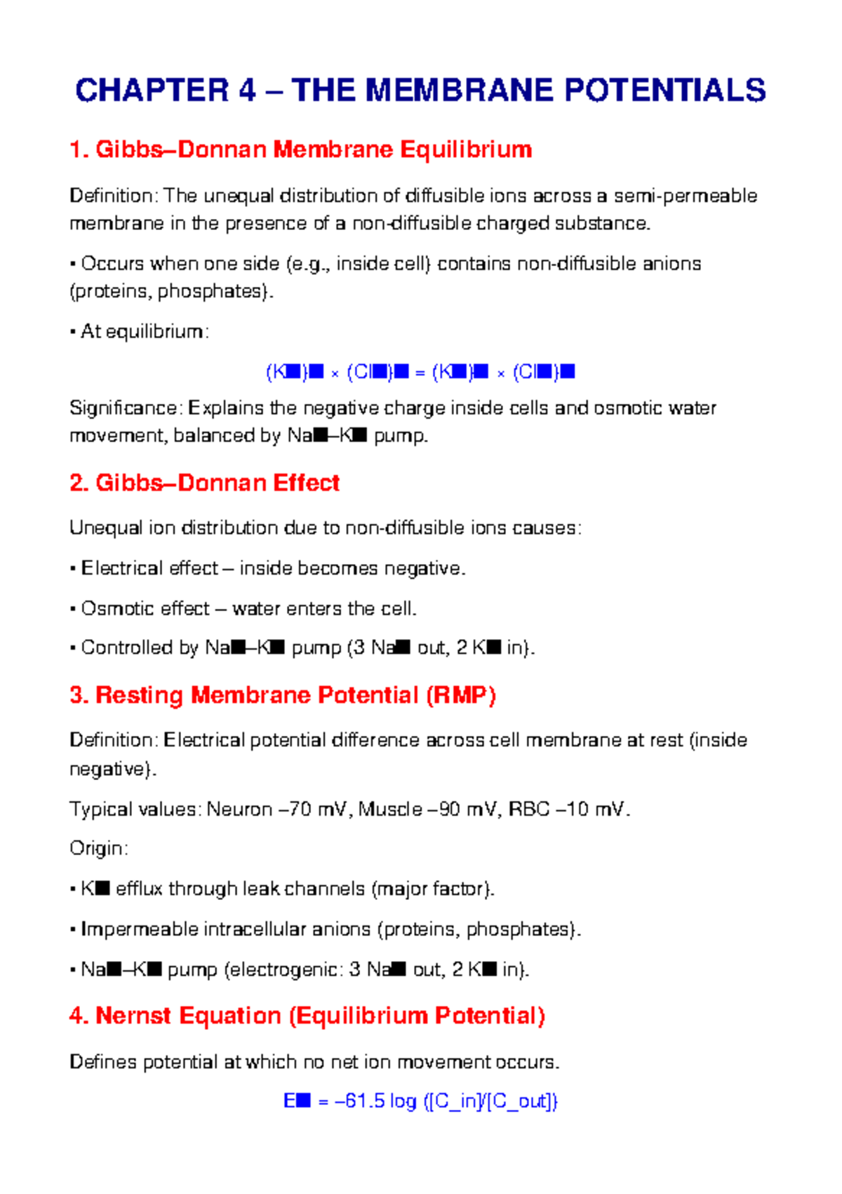 CHAPTER 4: Membrane Potentials Revision Notes (BIO101) - Studocu