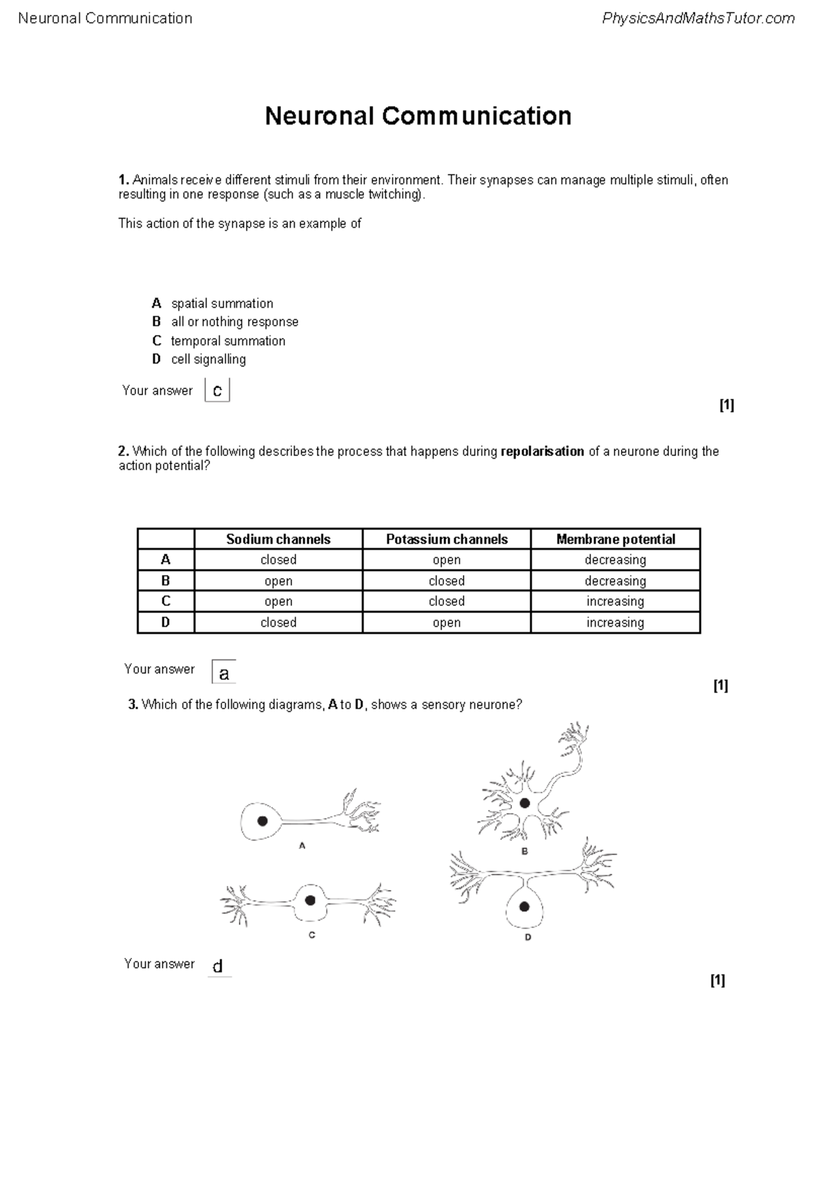Neuronal Communication Quiz Paper (QP) - Key Concepts and Responses ...