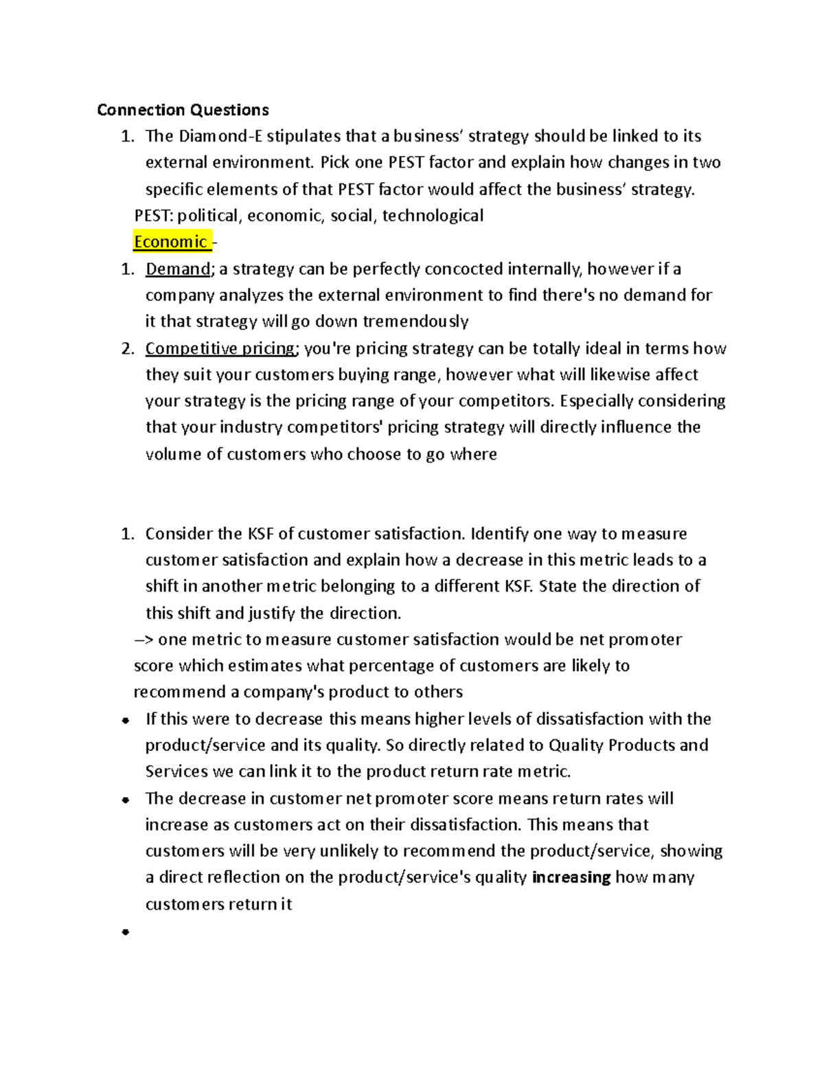 BU111 Exam Prep - Connection Questions on PEST Analysis and KSFs - Studocu