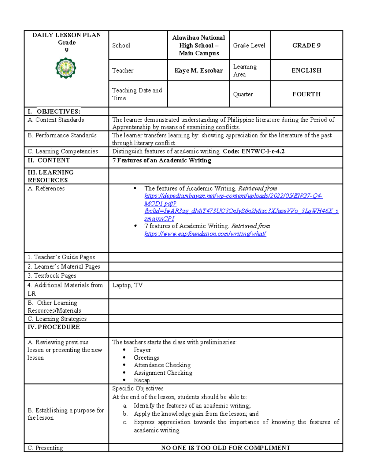 4th DLP - ENG 9 - Features of Academic Writing Lesson Plan - Studocu
