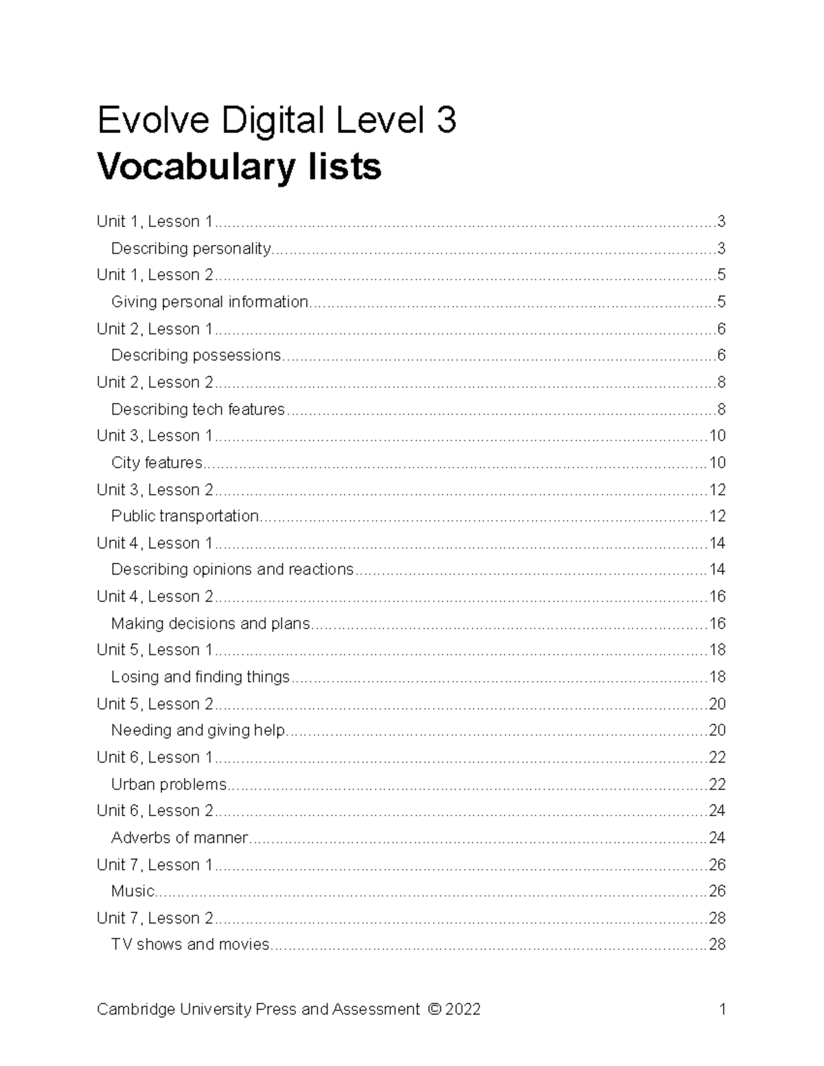 Evolve Digital Level 3 Vocabulary Lists by Unit and Lesson - Studocu