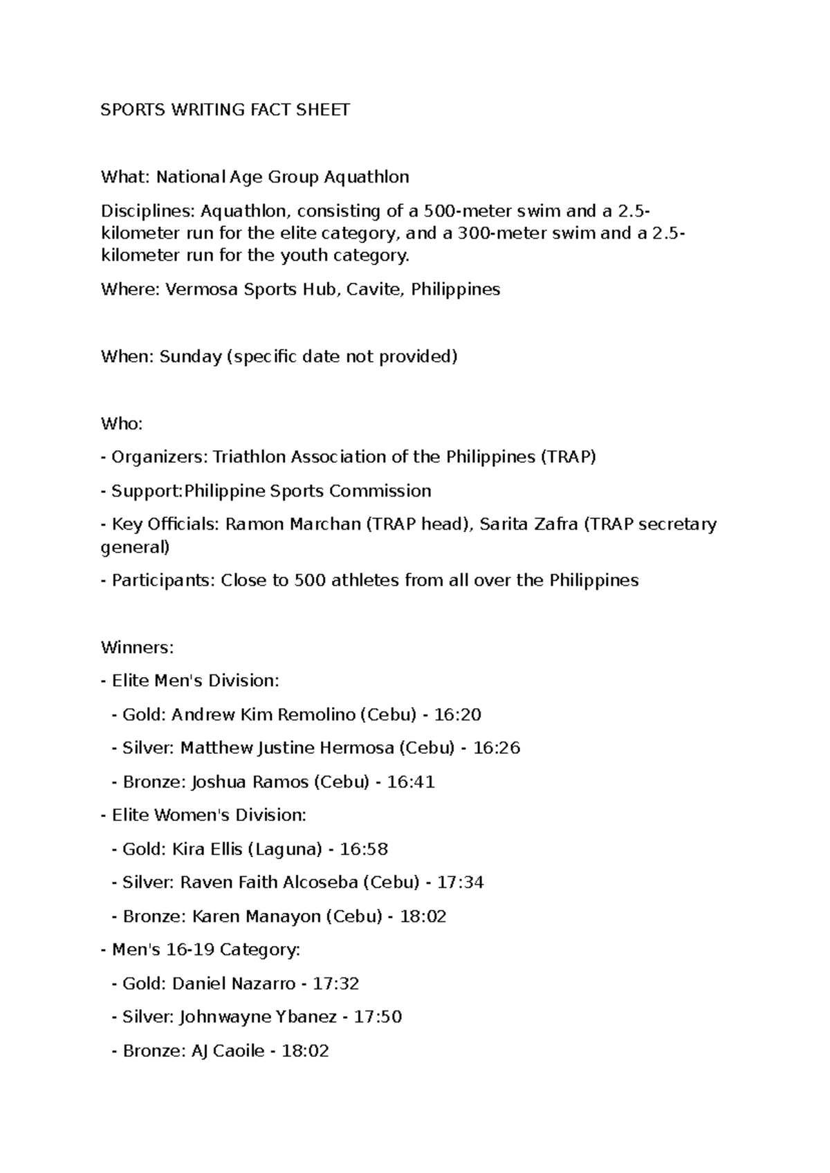 National Age Group Aquathlon Fact Sheet: Key Details & Results - Studocu