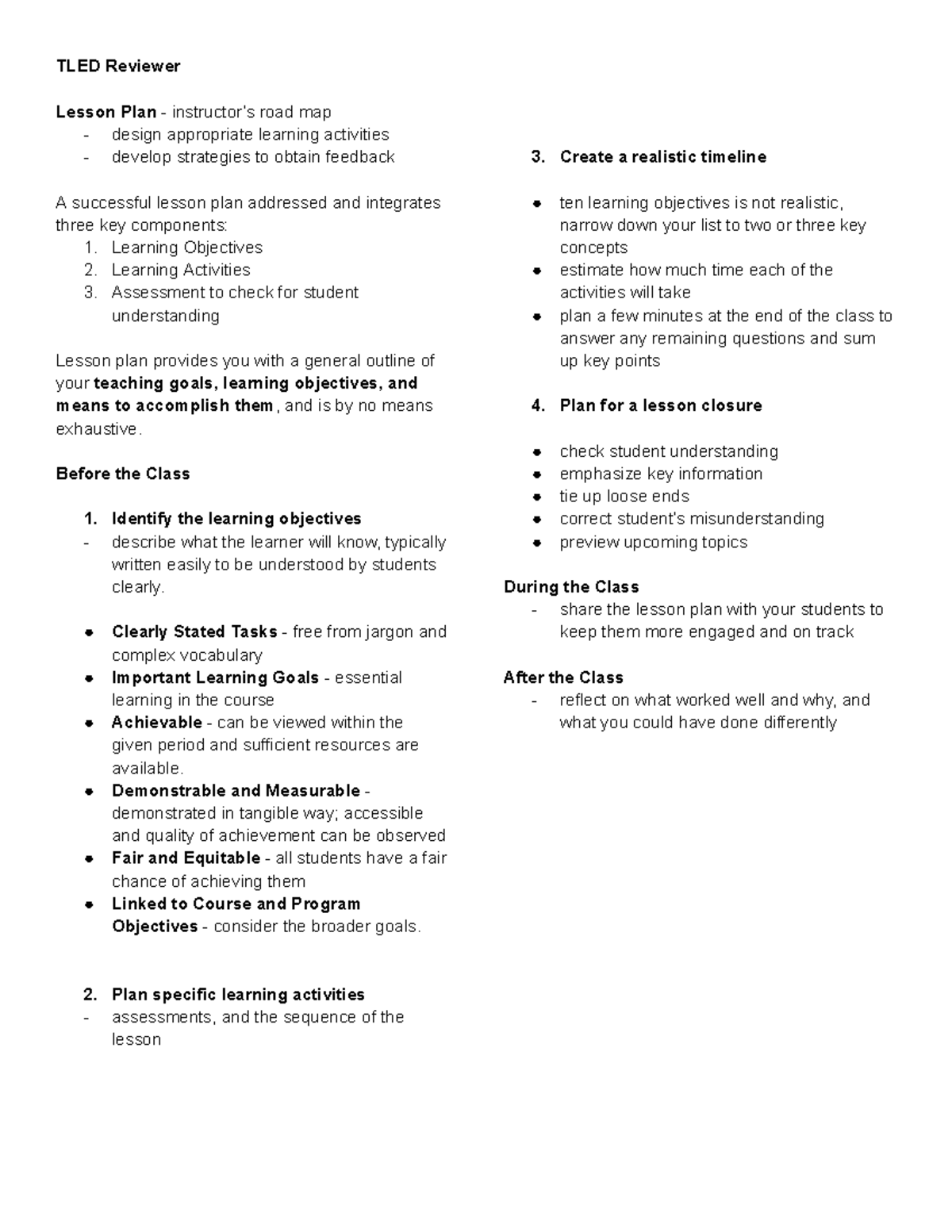 TLED 101 Lesson Plan Reviewer: Key Components to Success - Studocu