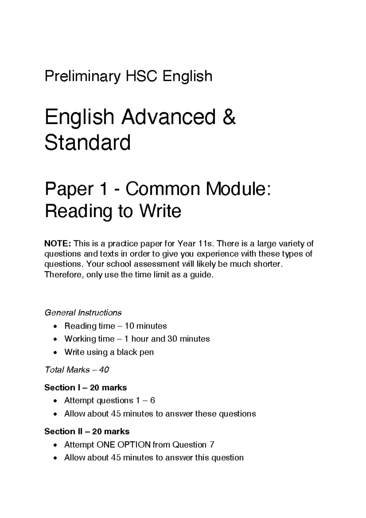 Preliminary HSC English Adv Std Paper 1: Reading to Write Practice ...