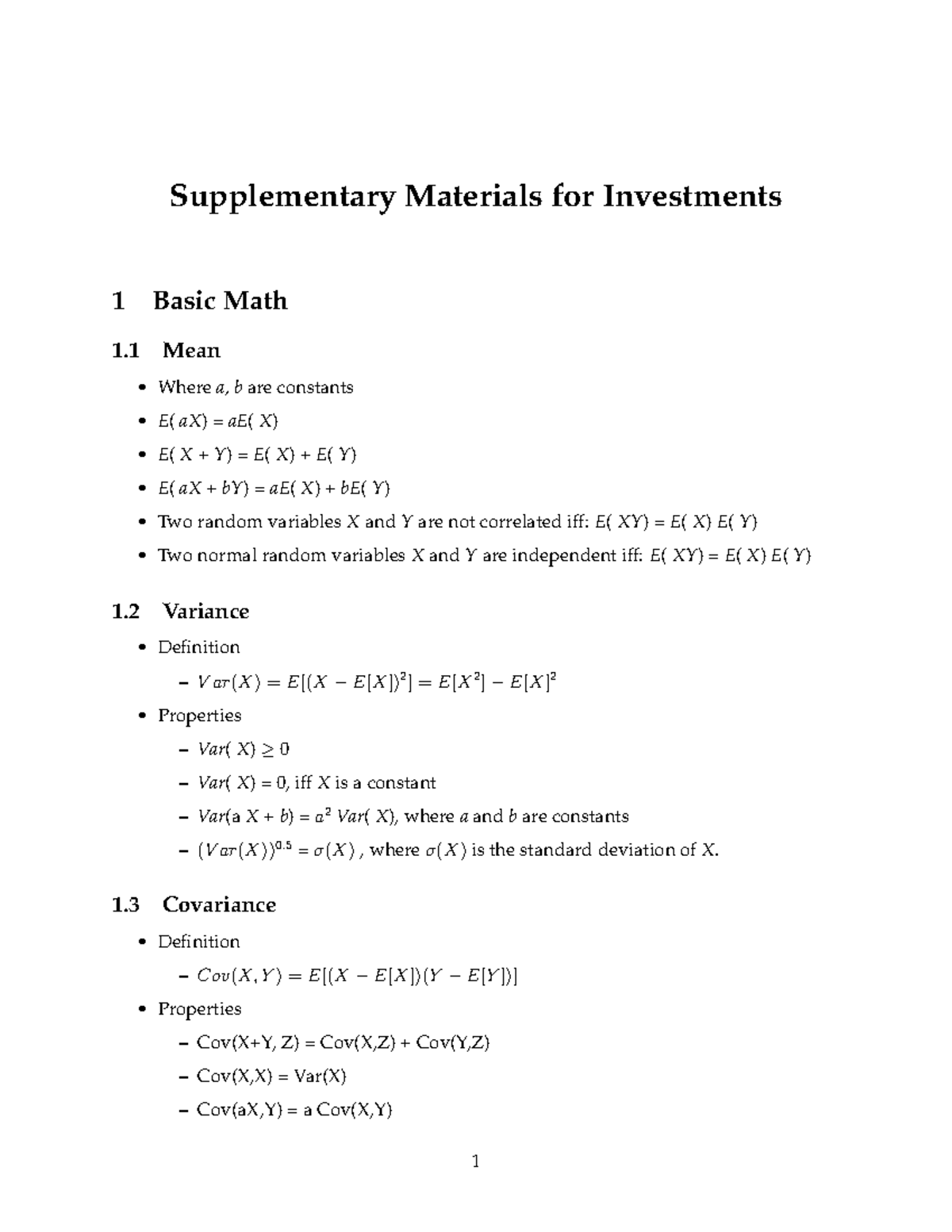 Investments 1: Supplementary Materials on Basic Math and Portfolio ...