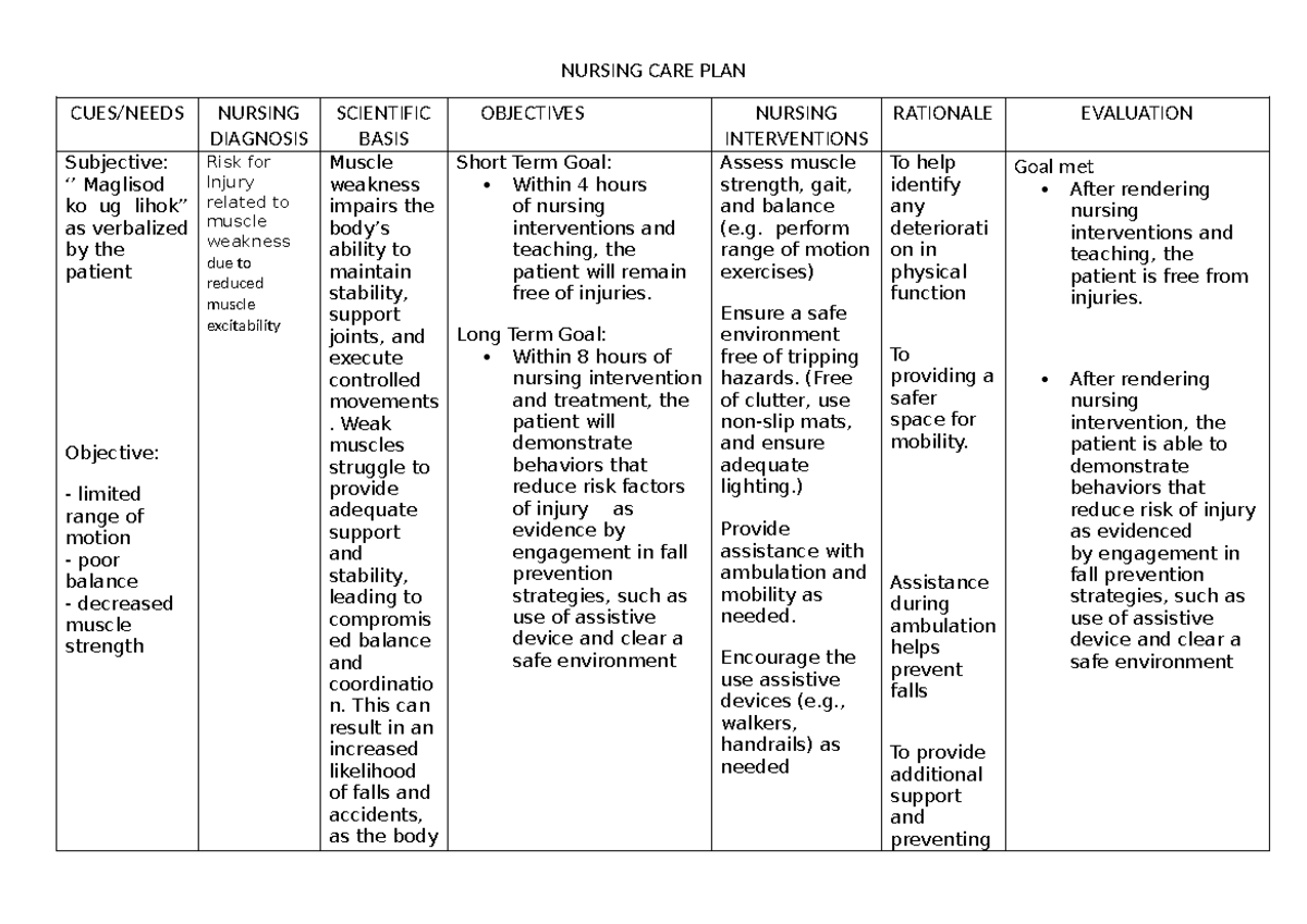 Nursing CARE PLAN: Managing Muscle Weakness & Injury Risk - Studocu