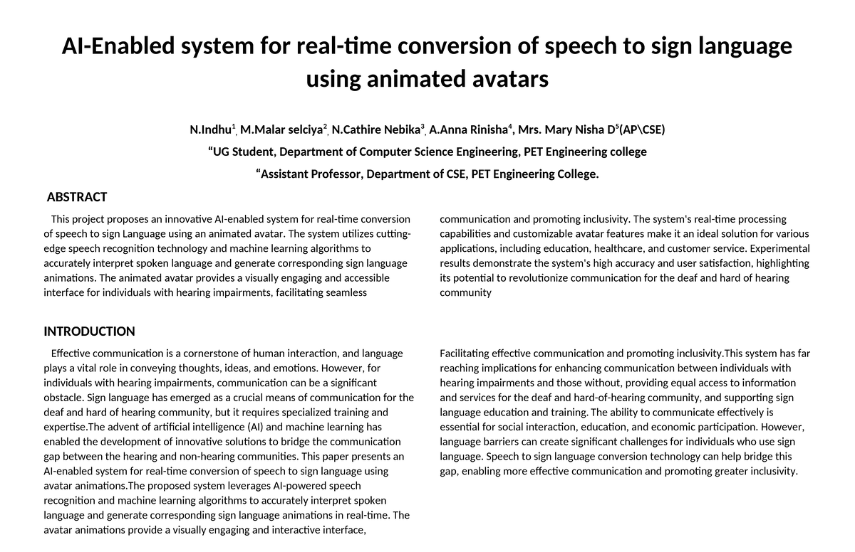 AI-Enabled Speech to Sign Language Conversion Using Avatars (6109 ...