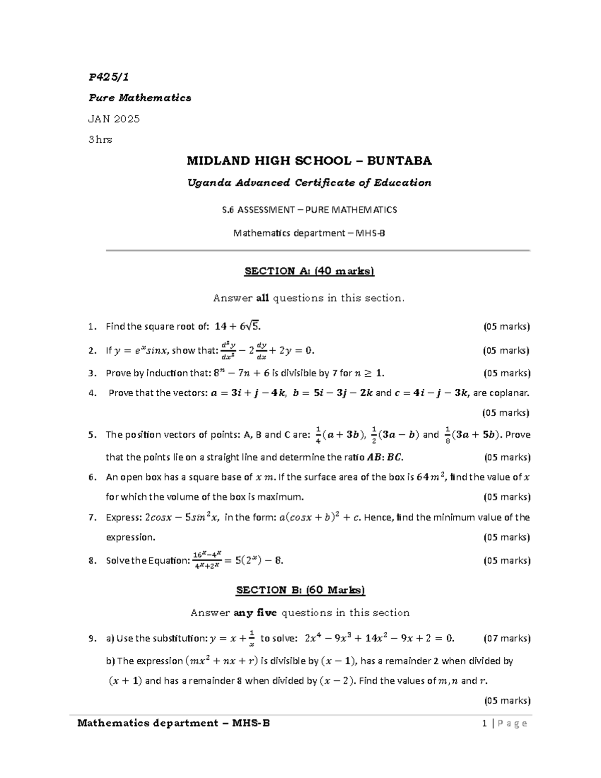 S6 Pure Mathematics Midterm Test - Set One by Teacher JK - Studocu