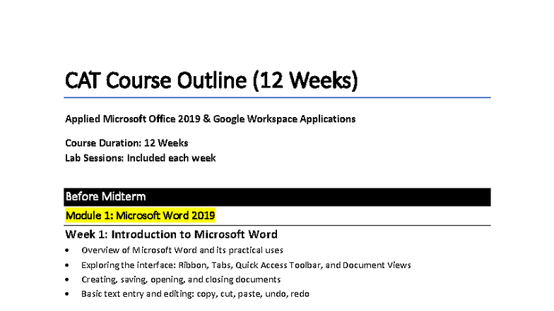 CAT - Microsoft Office 2019 & Google Workspace Course Outline - Studocu